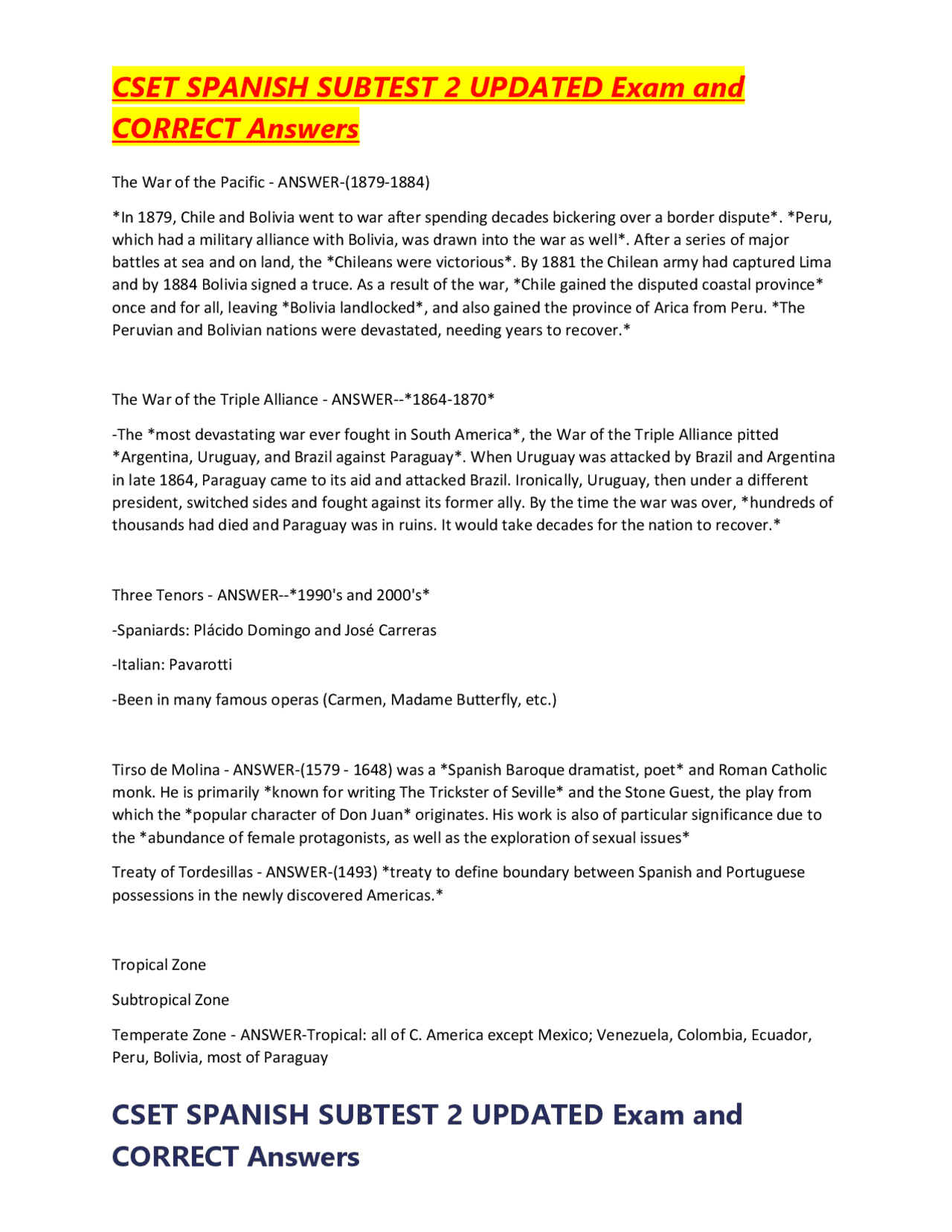 CSET SPANISH SUBTEST 2 UPDATED Exam and CORRECT Answers | Exams ...