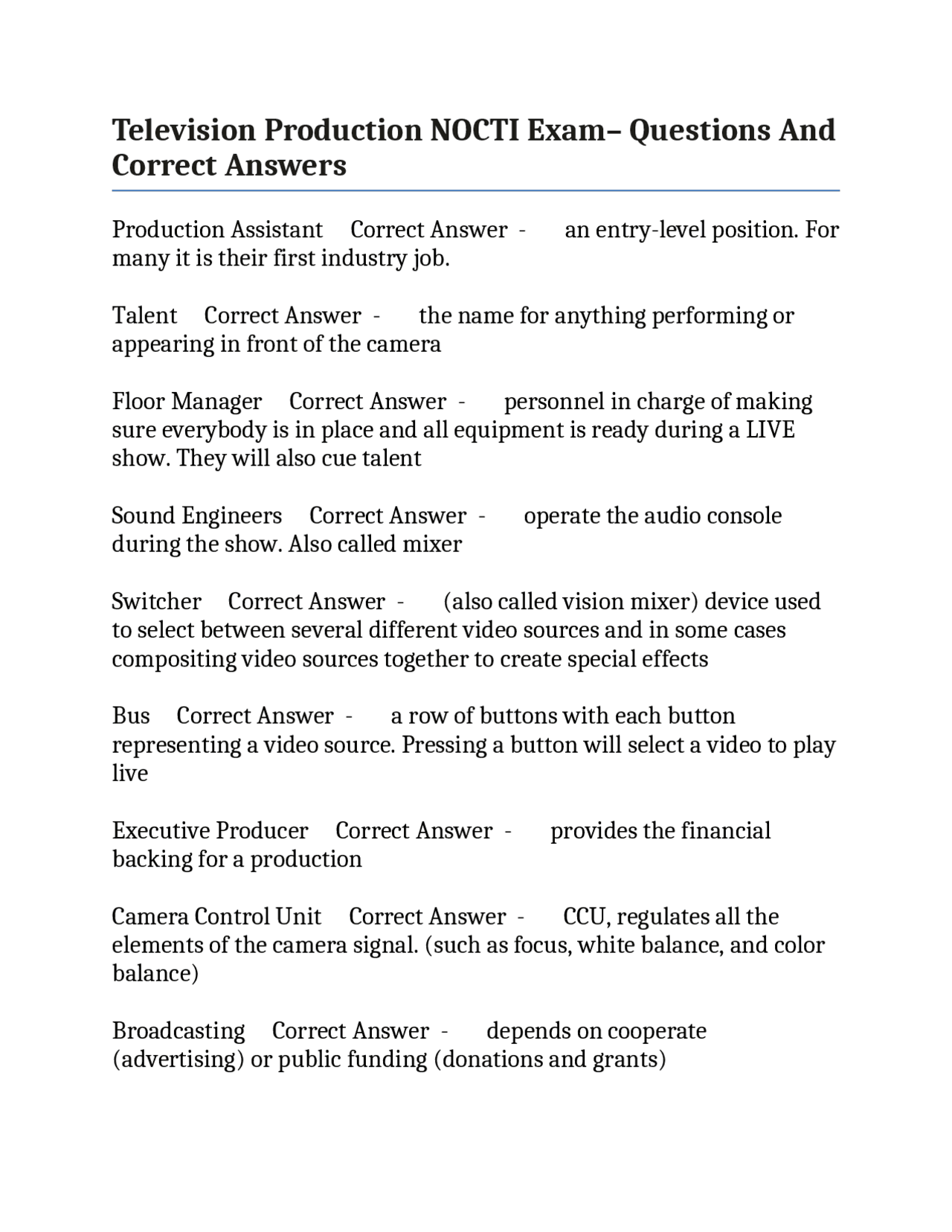 Television Production NOCTI Exam– Questions And Correct Answers | Exams ...