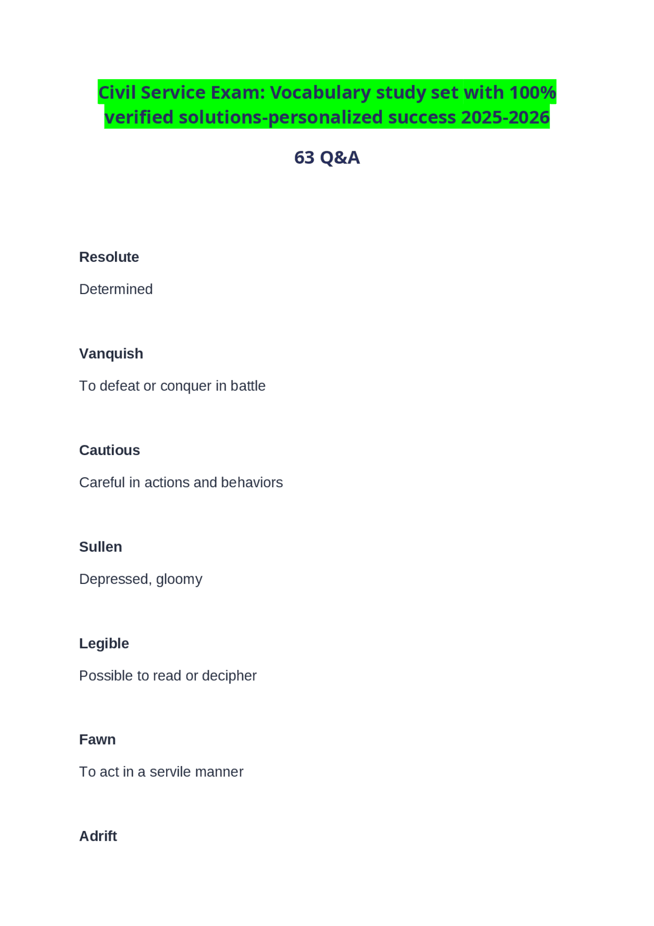 Civil Service Exam- Vocabulary study set with 100% verified solutions ...