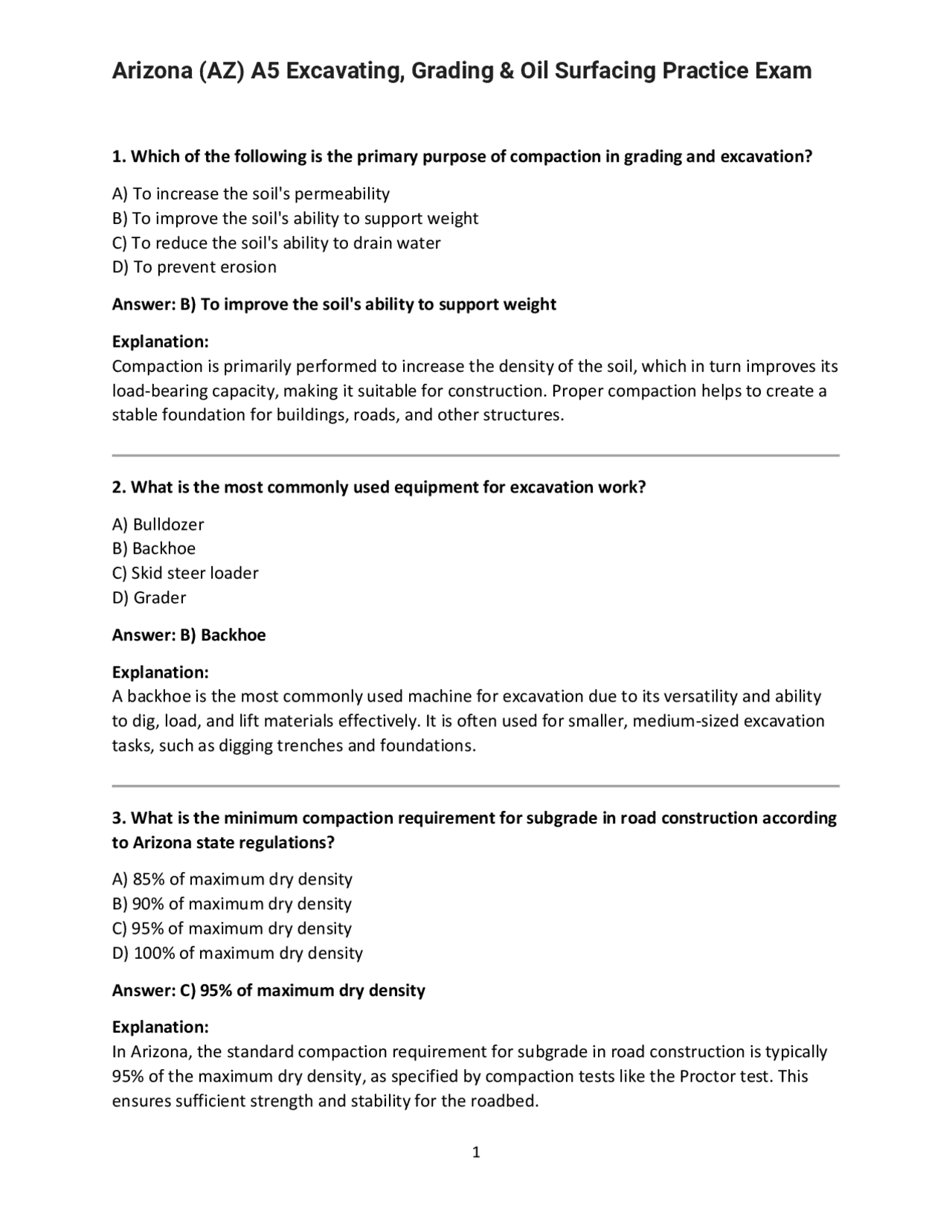 Arizona (AZ) A5 Excavating, Grading & Oil Surfacing Practice Exam ...