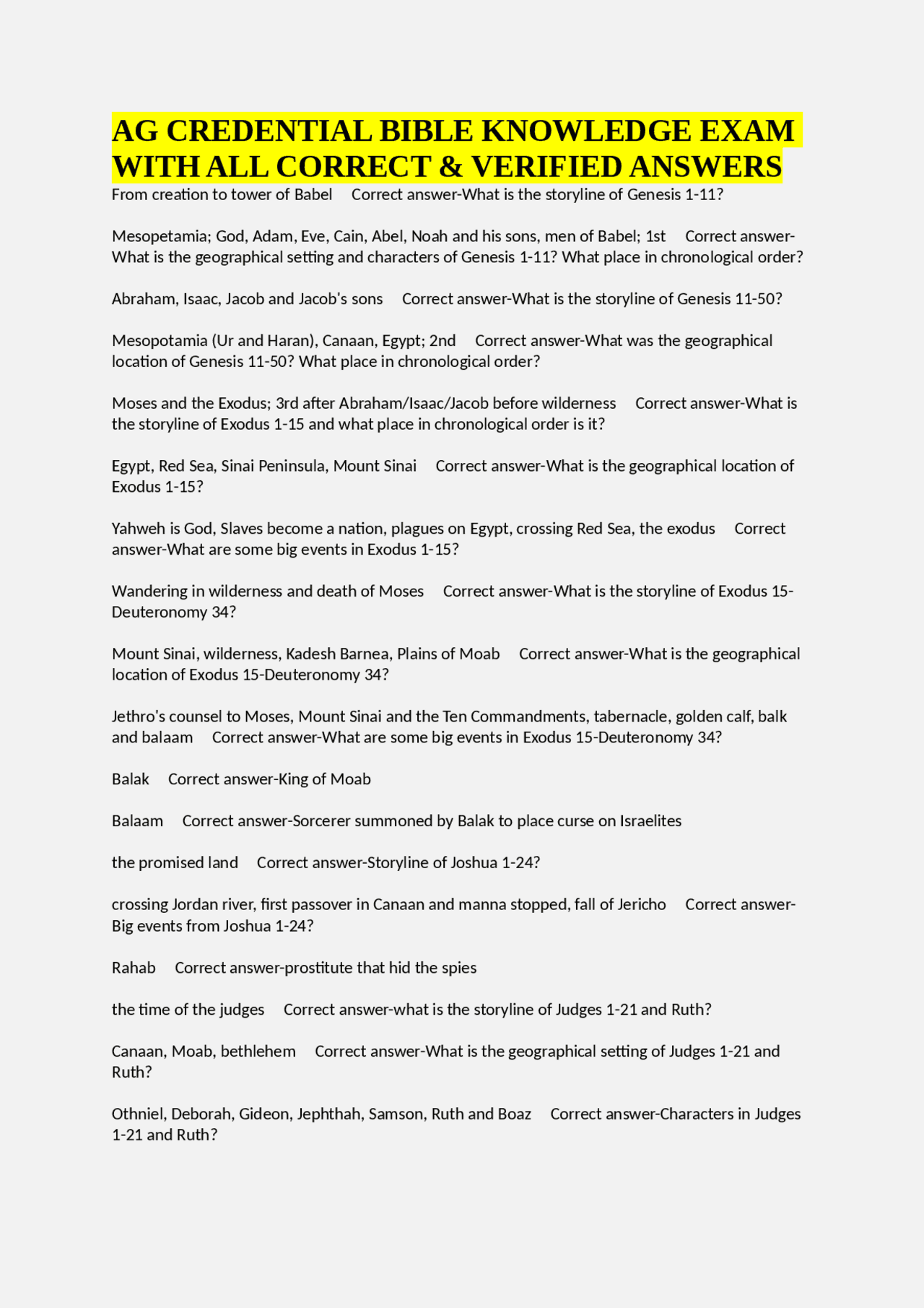 AG CREDENTIAL BIBLE KNOWLEDGE EXAM WITH ALL CORRECT & VERIFIED ANSWERS ...