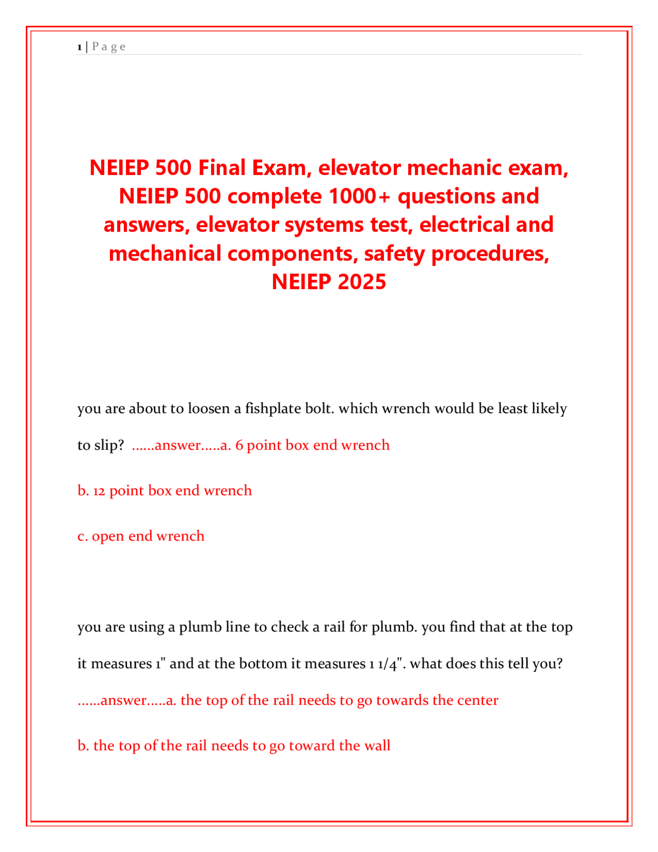 NEIEP 500 Final Exam, elevator mechanic exam, NEIEP 500 complete 1000 ...