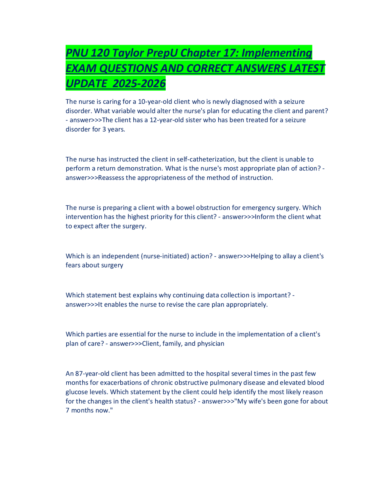 PNU 120 Taylor PrepU Chapter 17 Implementing EXAM QUESTIONS AND CORRECT ...