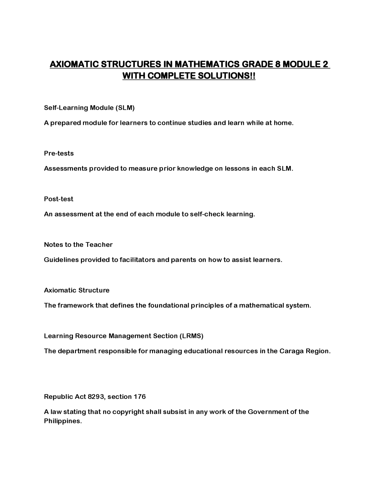 AXIOMATIC STRUCTURES IN MATHEMATICS GRADE 8 MODULE 2 WITH COMPLETE ...
