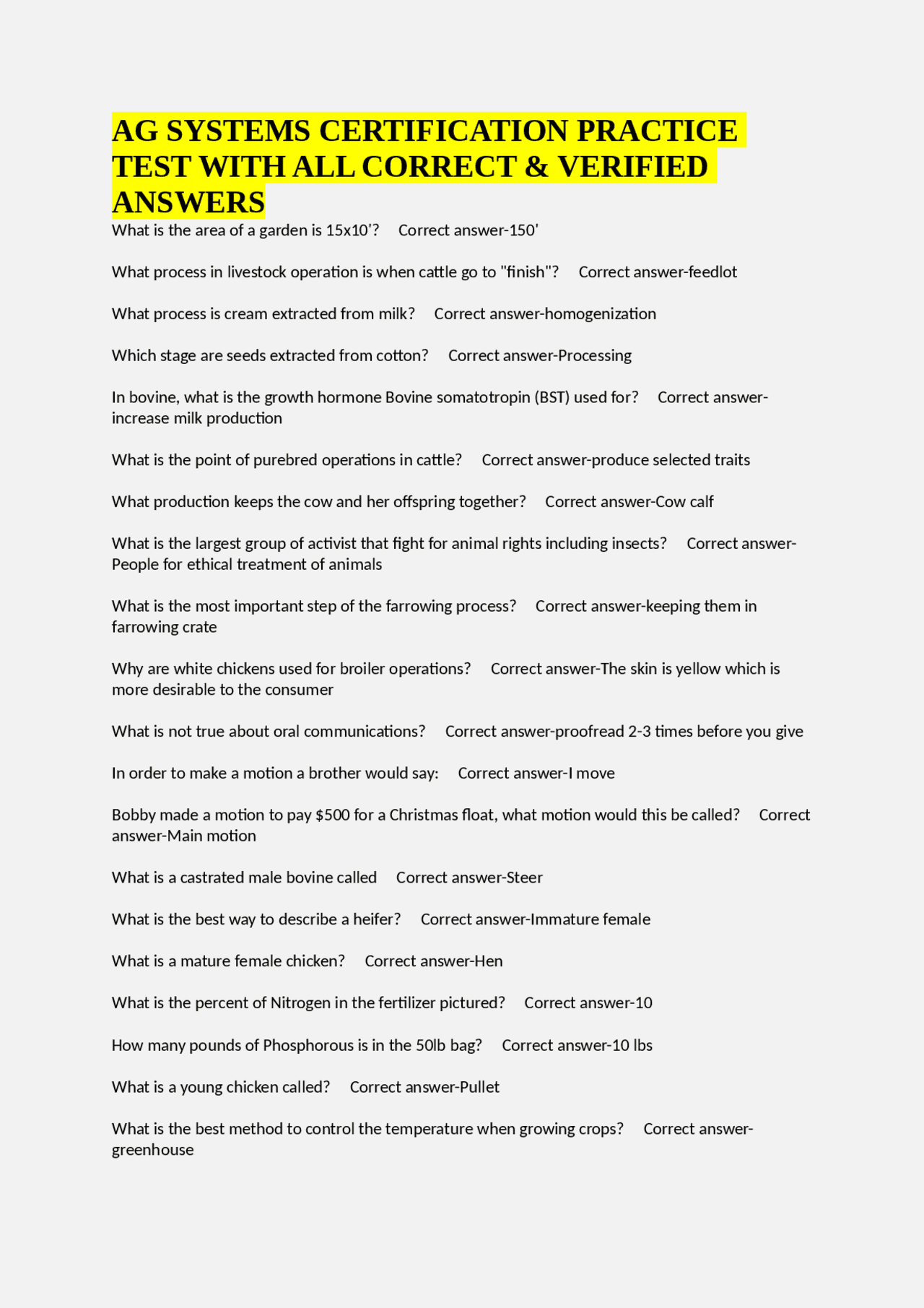 AG SYSTEMS CERTIFICATION PRACTICE TEST WITH ALL CORRECT & VERIFIED ...