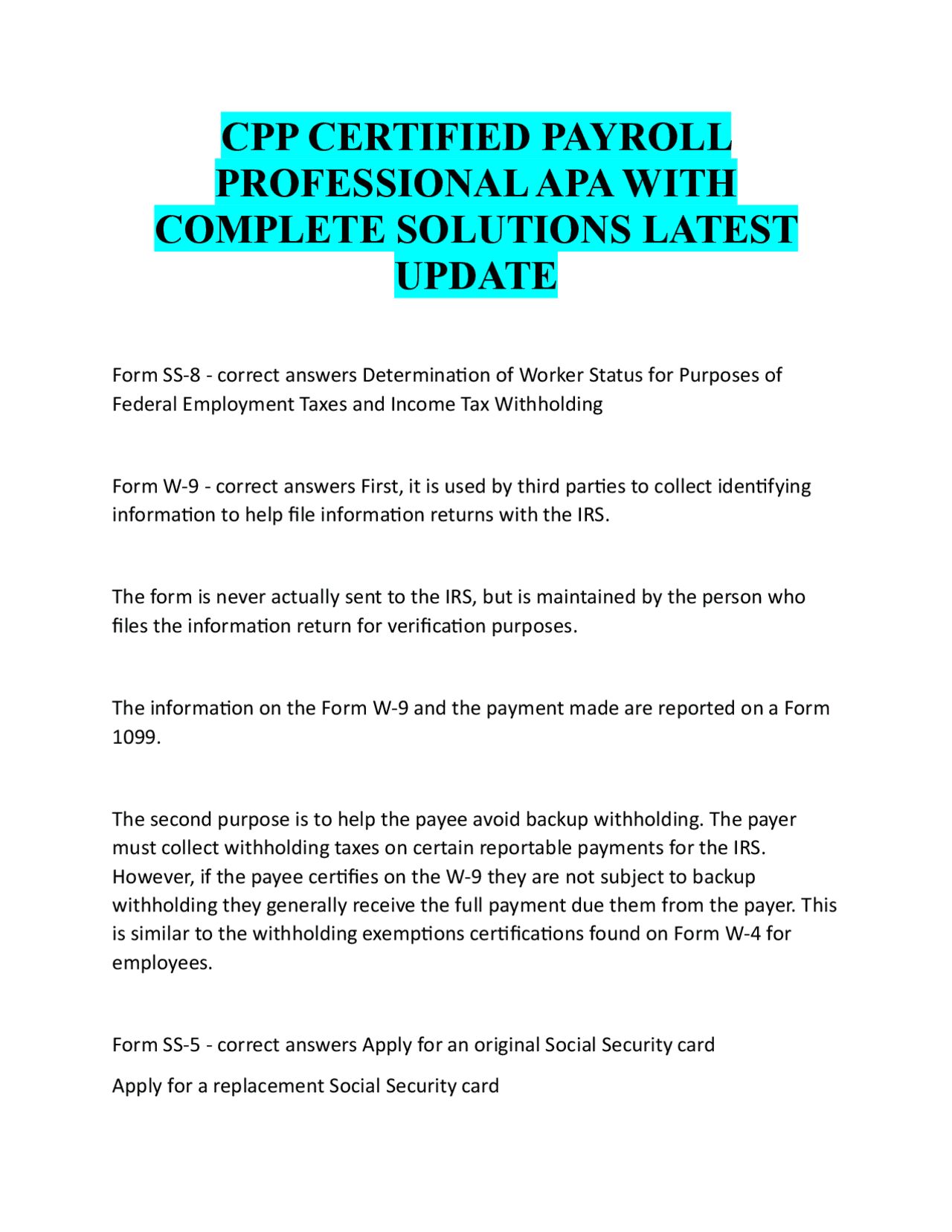 CPP CERTIFIED PAYROLL PROFESSIONAL APA WITH COMPLETE SOLUTIONS LATEST ...