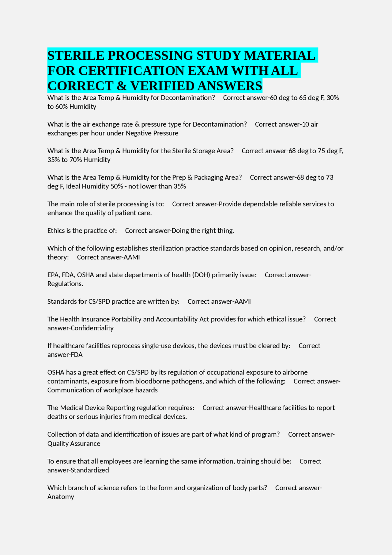 Sterile Processing Certification Exam Study Guide: Questions and ...
