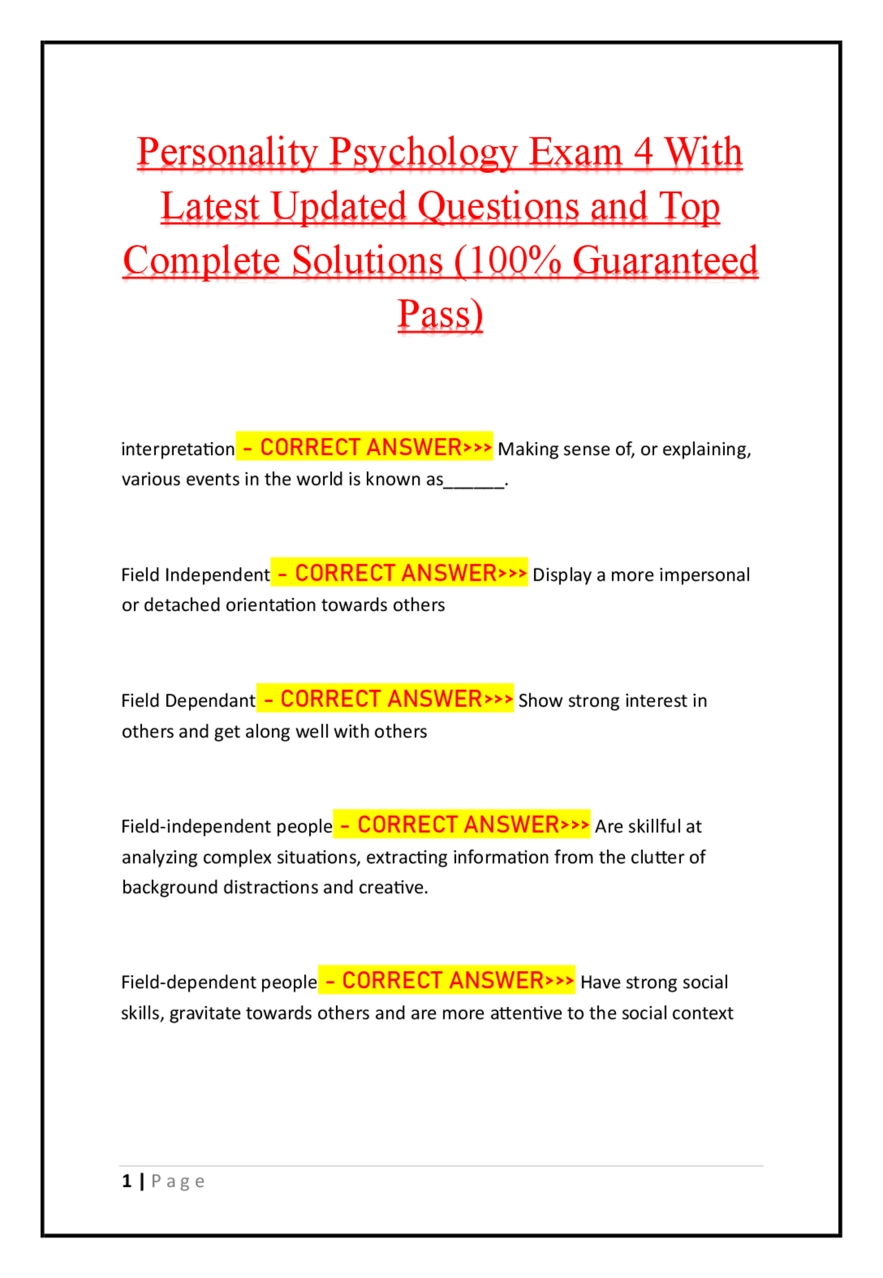 Personality Psychology Exam 4 With Latest Updated Questions and Top ...