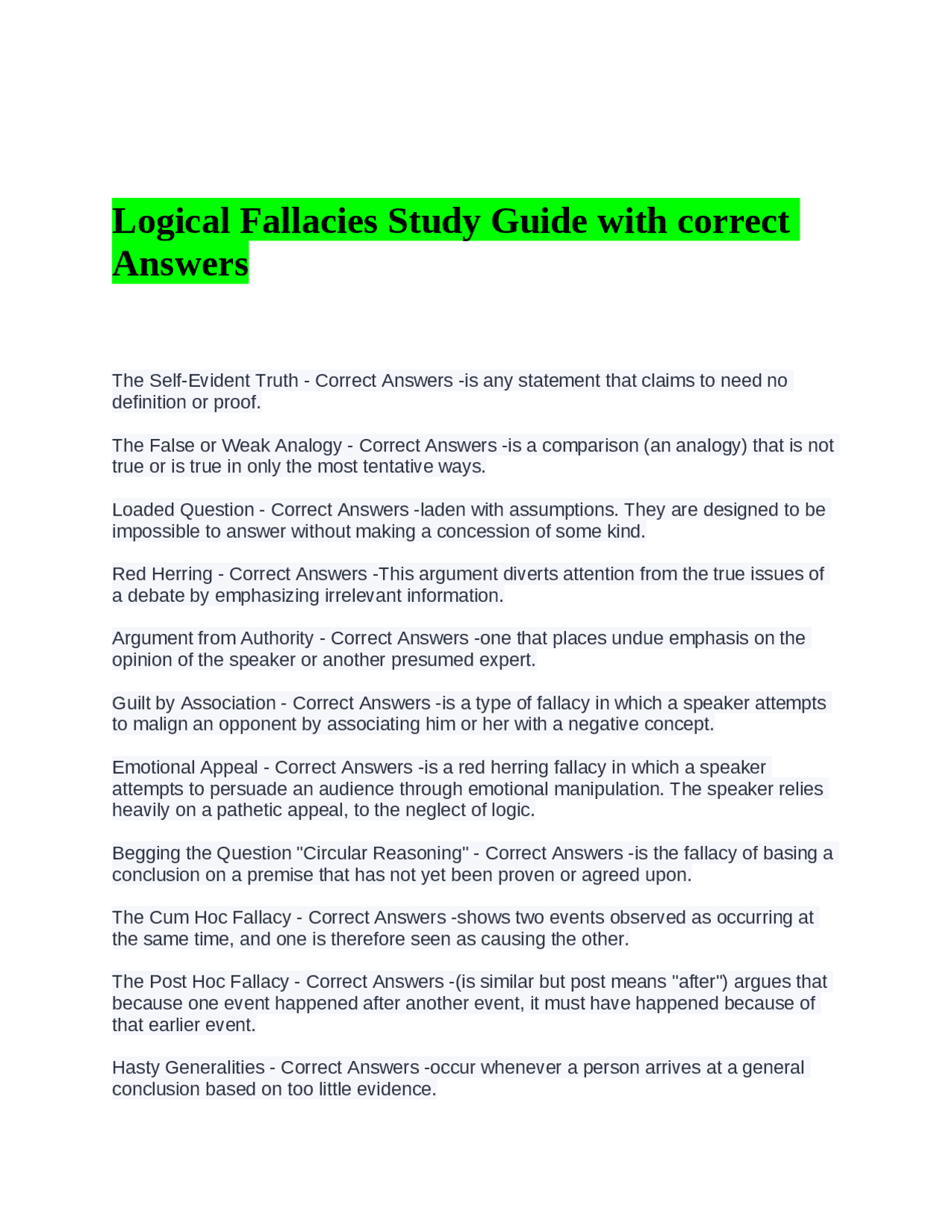 Logical Fallacies Study Guide with correct Answers | Exams Advanced ...