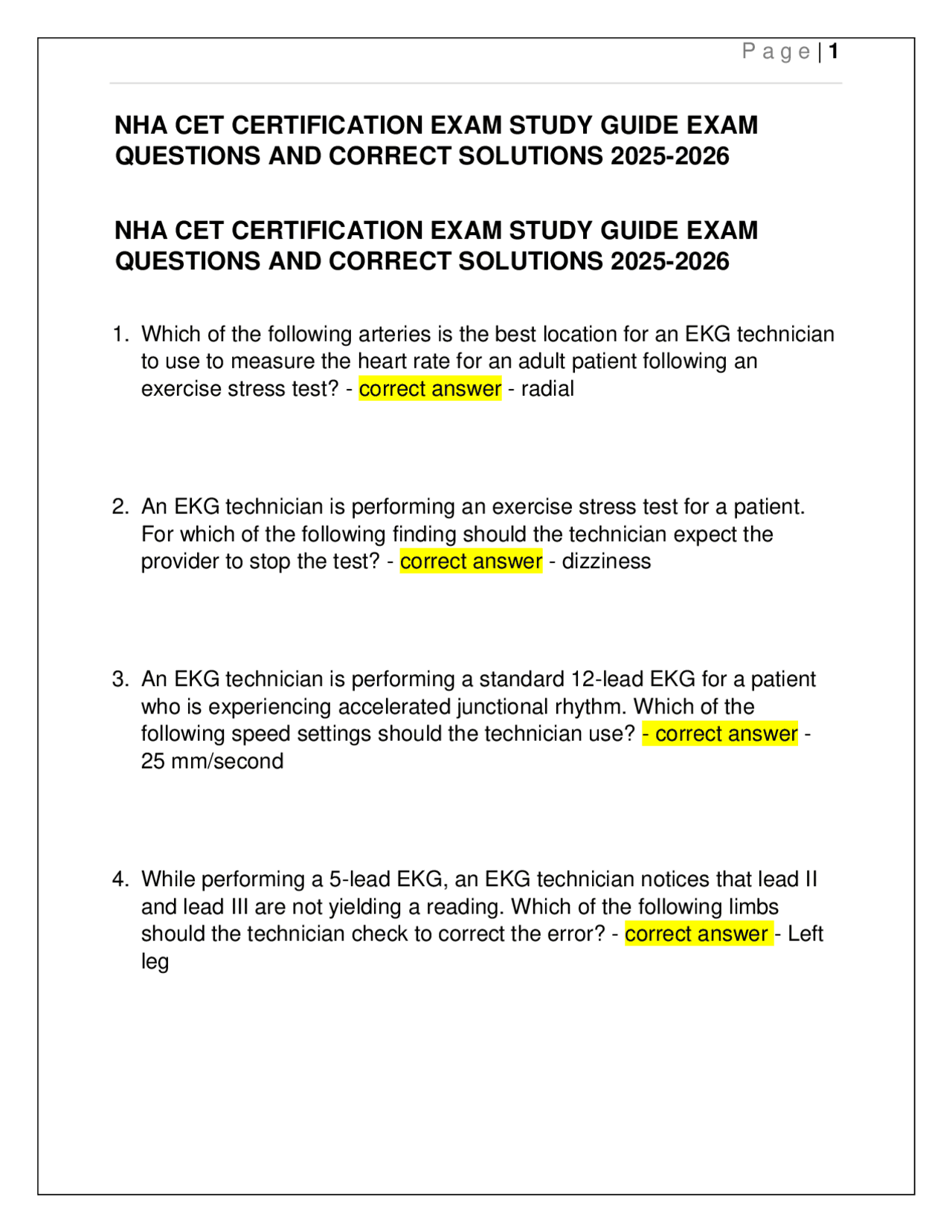 NHA CET Certification Exam Study Guide: EKG Questions and Solutions ...