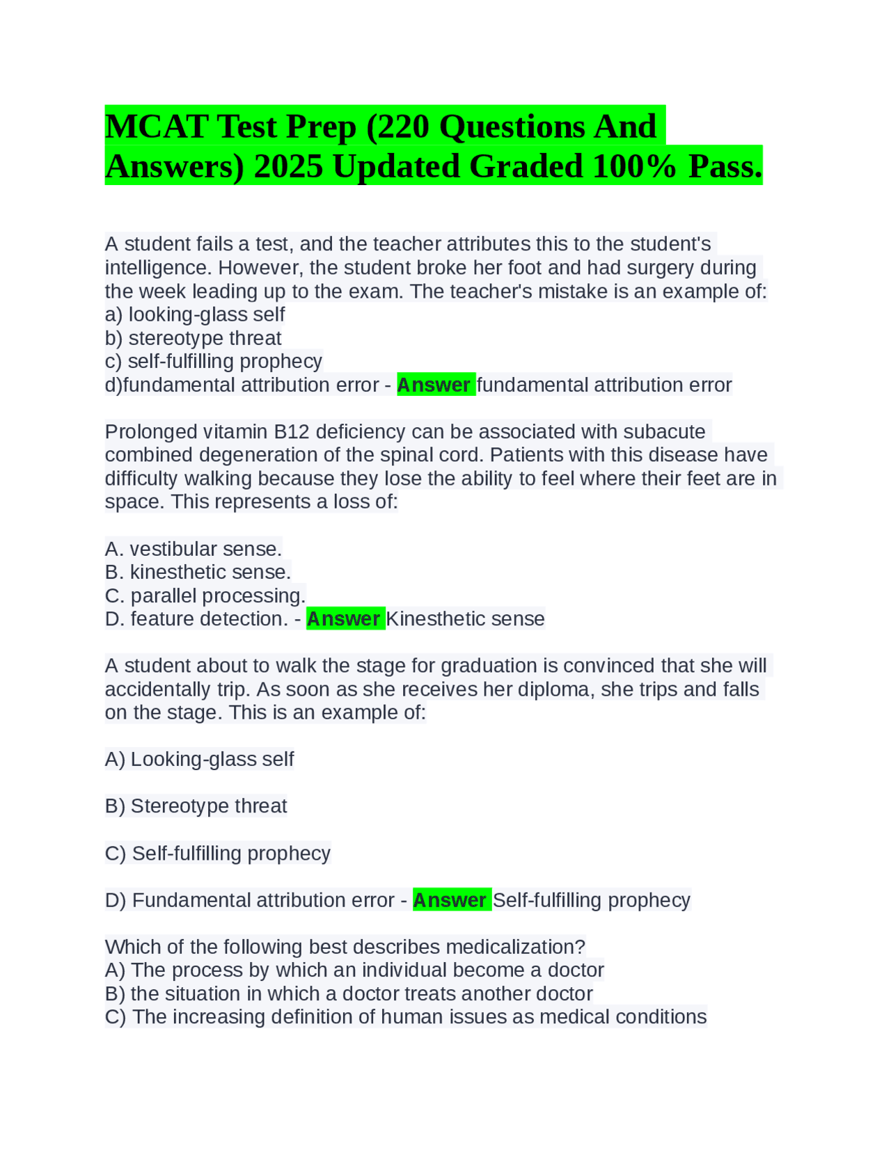 MCAT Test Prep (220 Questions And Answers) 2025 Updated Graded 100% ...