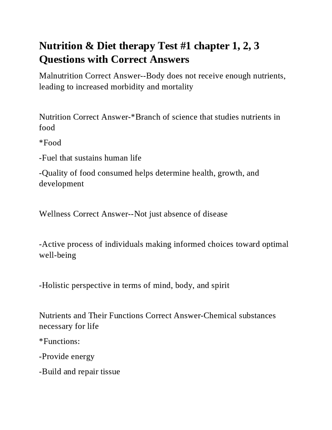Nutrition & Diet therapy Test #1 chapter 1, 2, 3 Questions with Correct ...