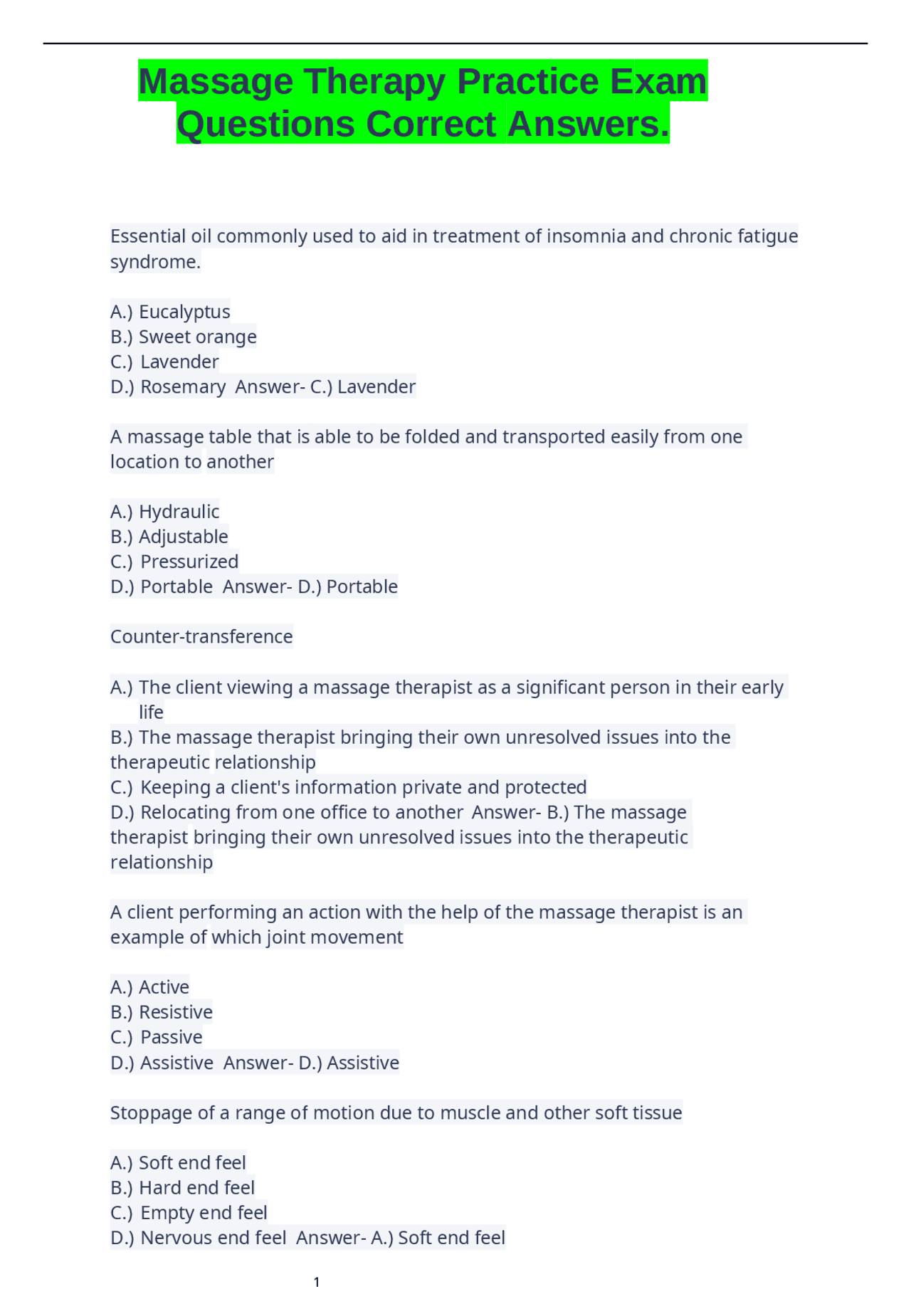 Massage Therapy Practice Exam: Questions and Answers | Exams Human ...