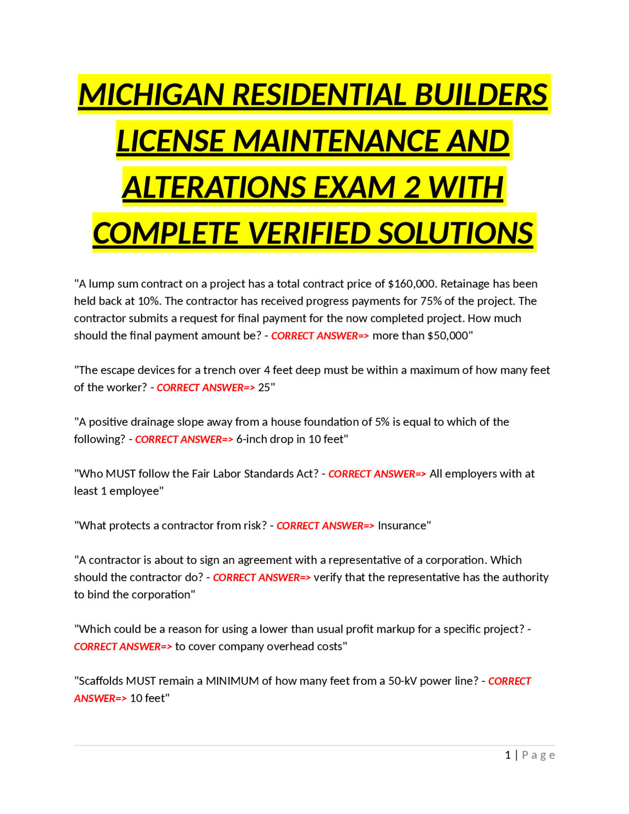 Michigan Residential Builders License Exam 2: Questions and Verified ...