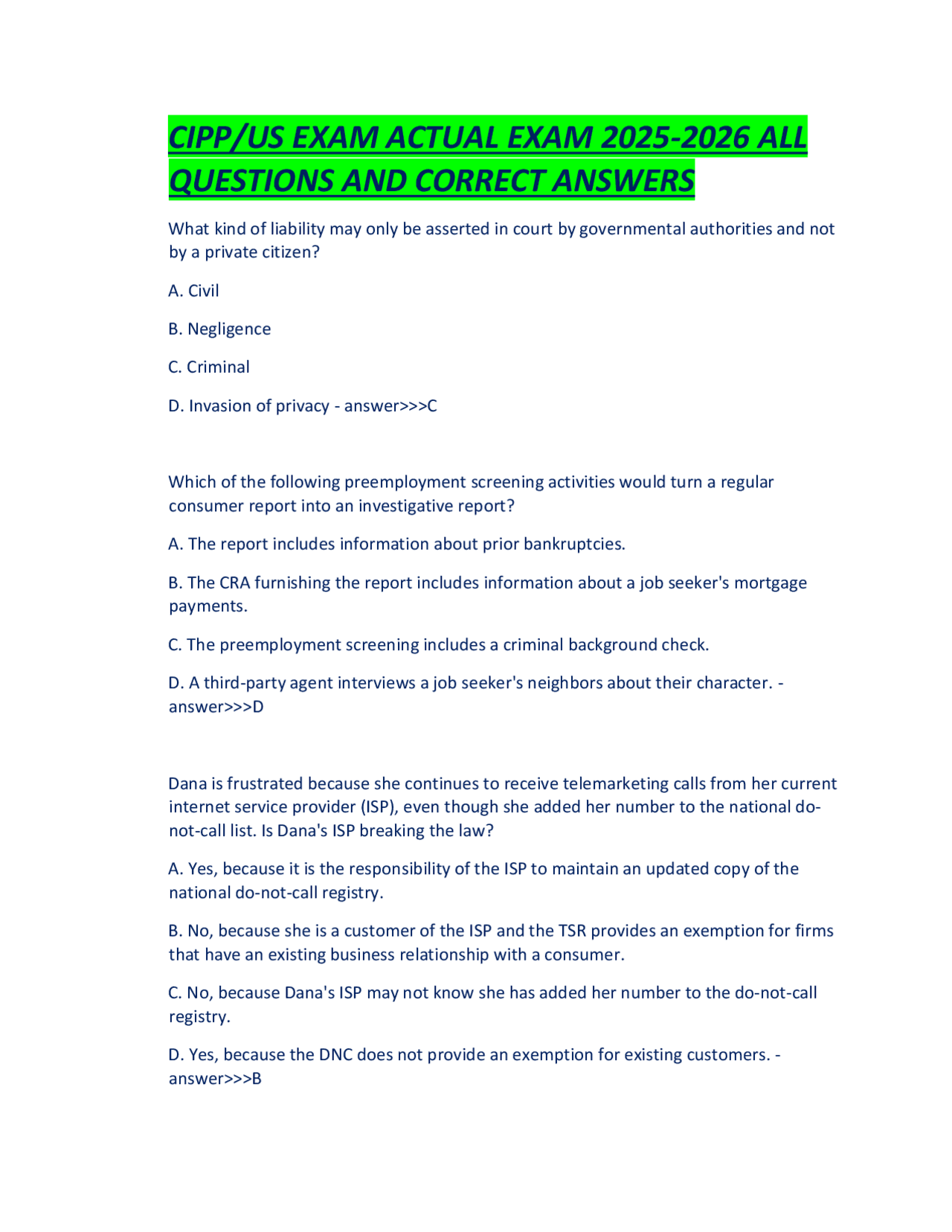 CIPP US EXAM ACTUAL EXAM 2025-2026 ALL QUESTIONS AND CORRECT ANSWERS ...