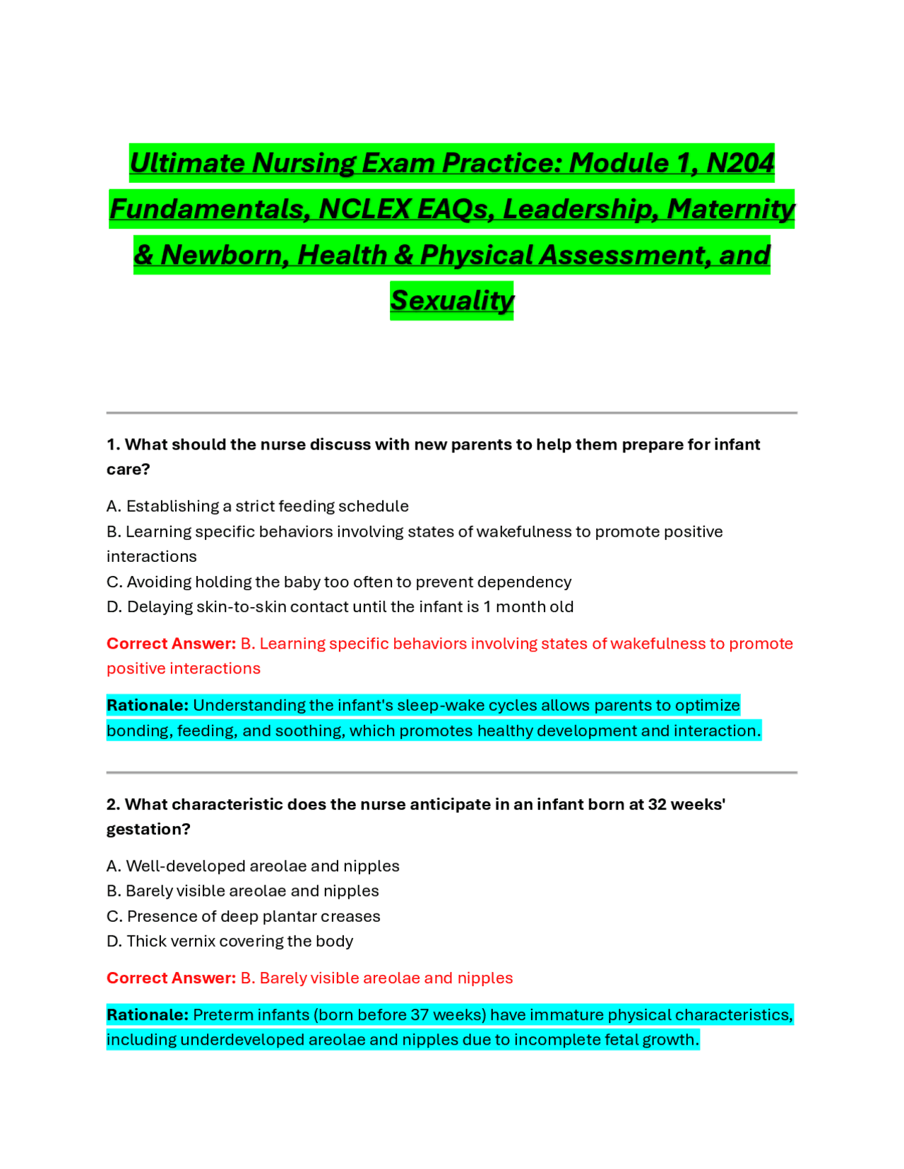 Nursing Exam Practice: Module 1, N204 Fundamentals, NCLEX EAQs ...