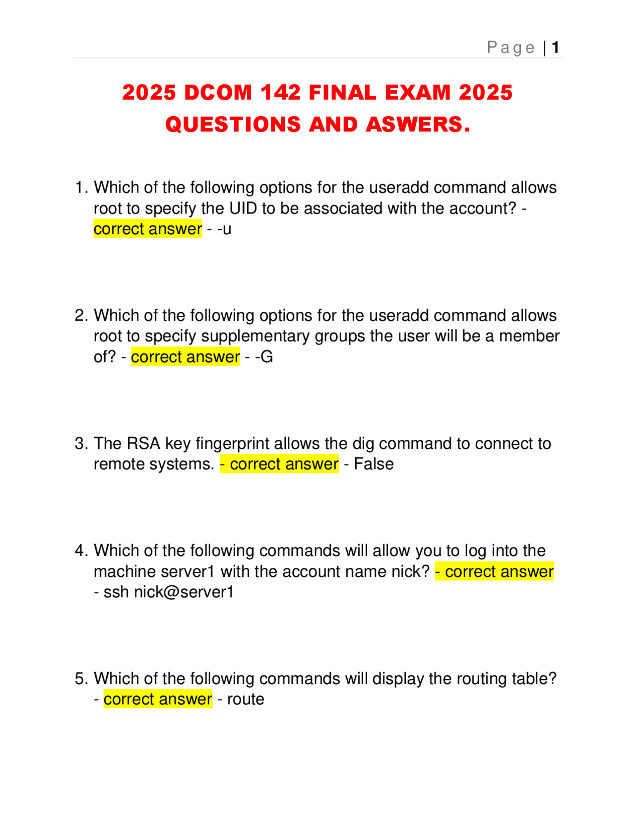 2025 DCOM 142 FINAL EXAM 2025 QUESTIONS AND ASWERS. | Exams Nursing | Docsity