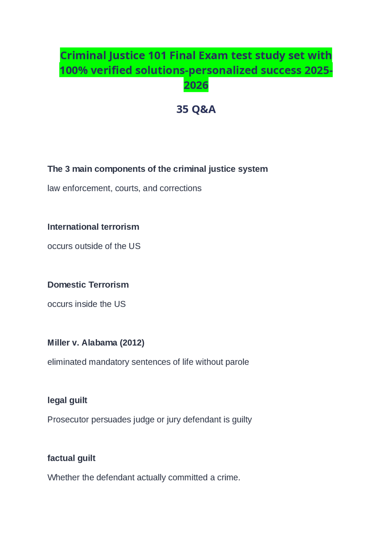 Criminal Justice 101 Final Exam test study set with 100% verified ...