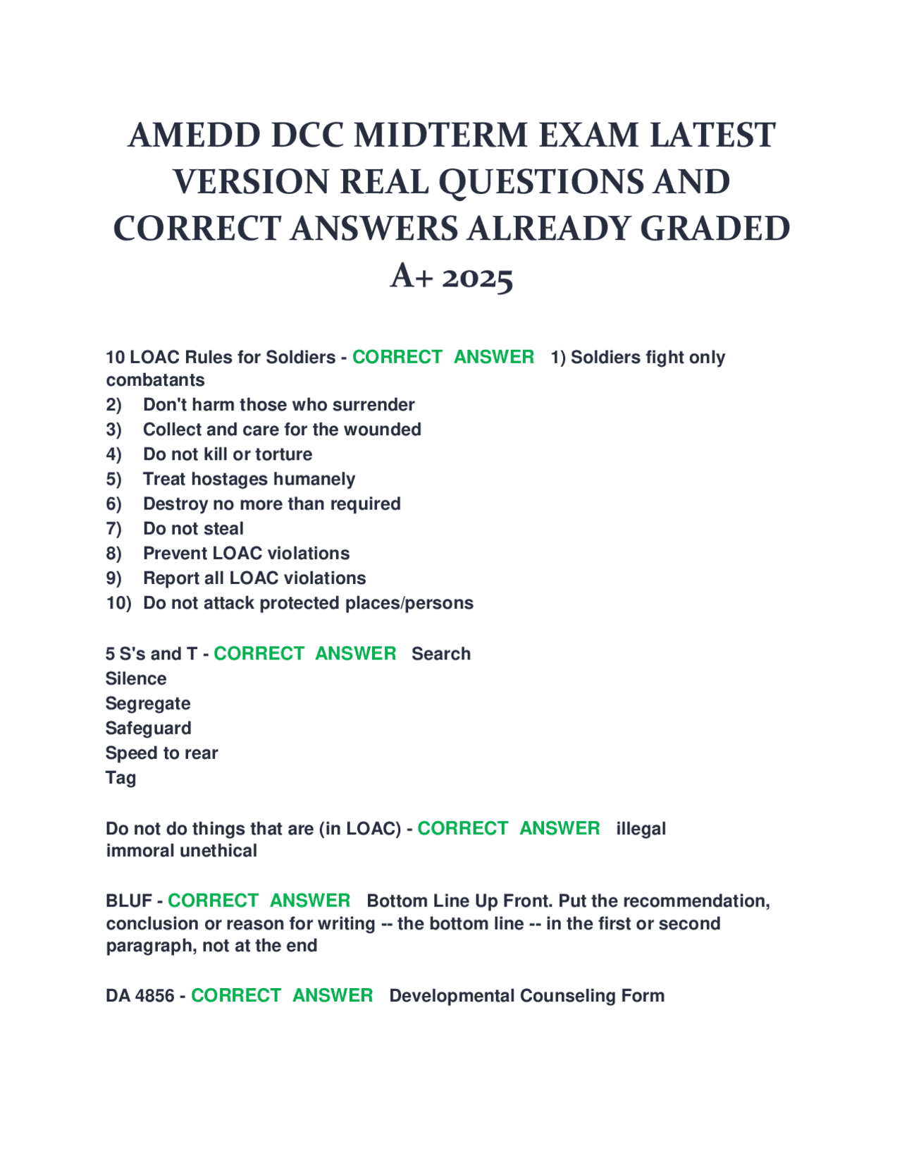 AMEDD DCC MIDTERM EXAM LATEST VERSION REAL QUESTIONS AND CORRECT ...