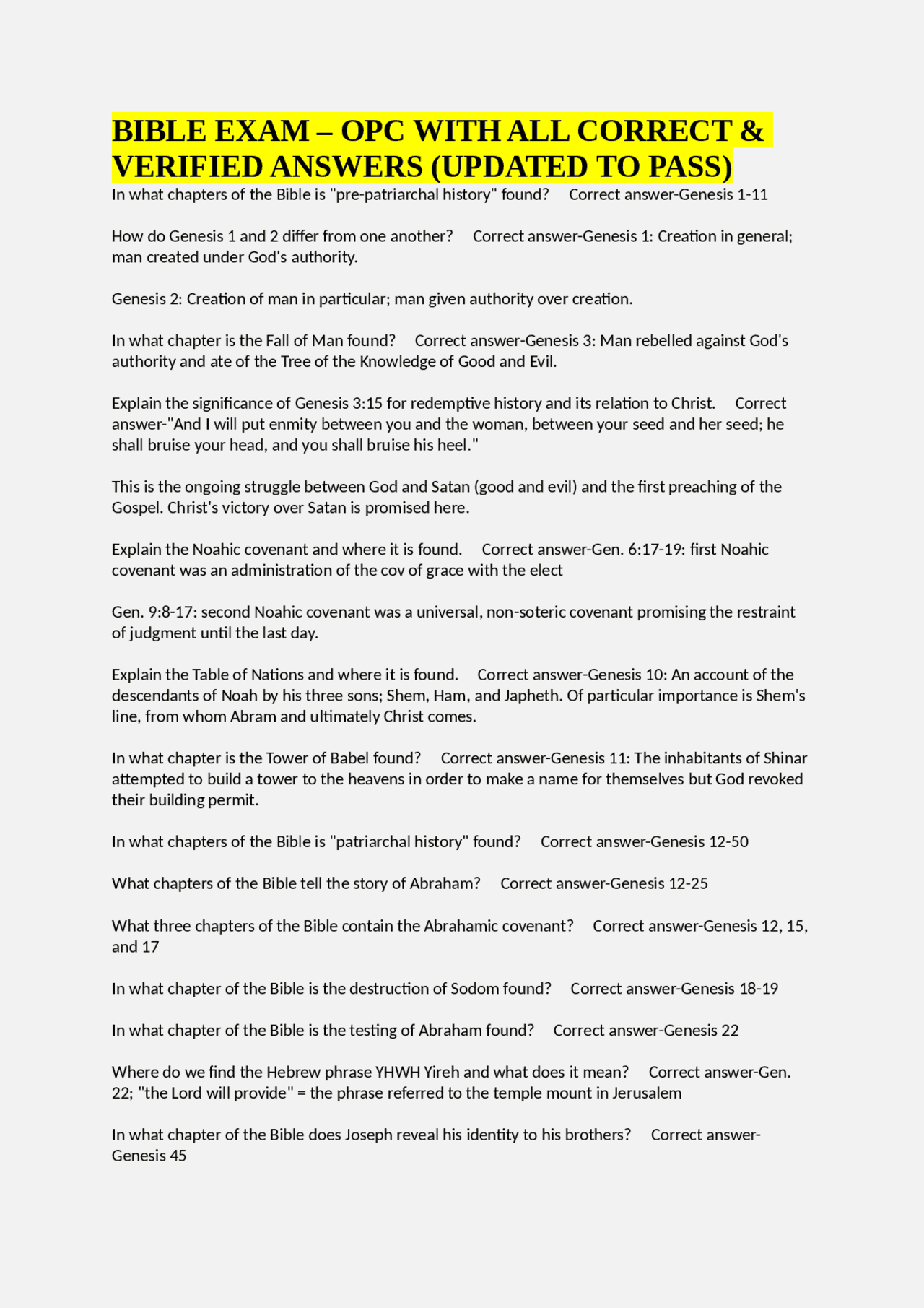 BIBLE EXAM – OPC WITH ALL CORRECT & VERIFIED ANSWERS (UPDATED TO PASS ...