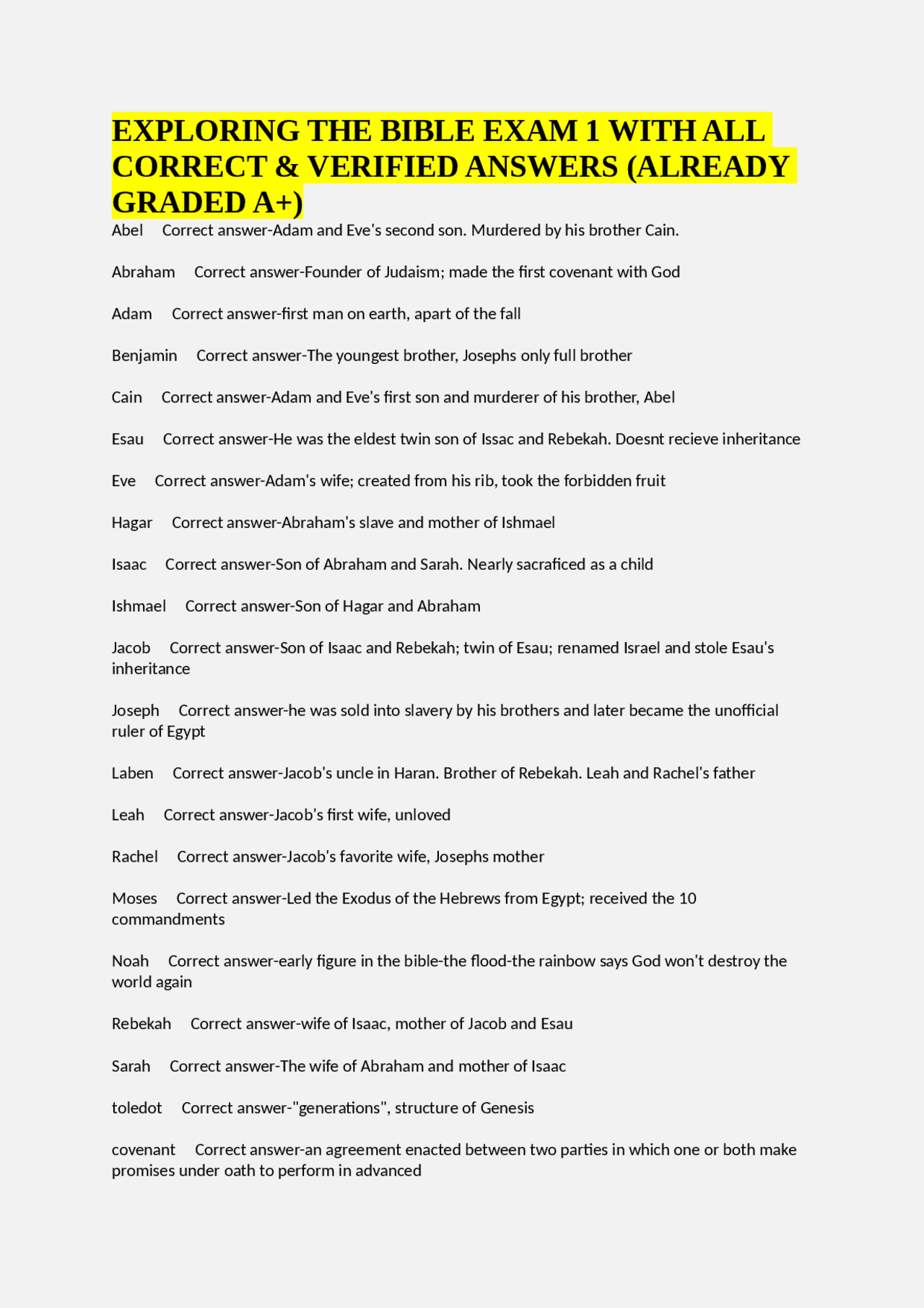 EXPLORING THE BIBLE EXAM 1 WITH ALL CORRECT & VERIFIED ANSWERS (ALREADY ...