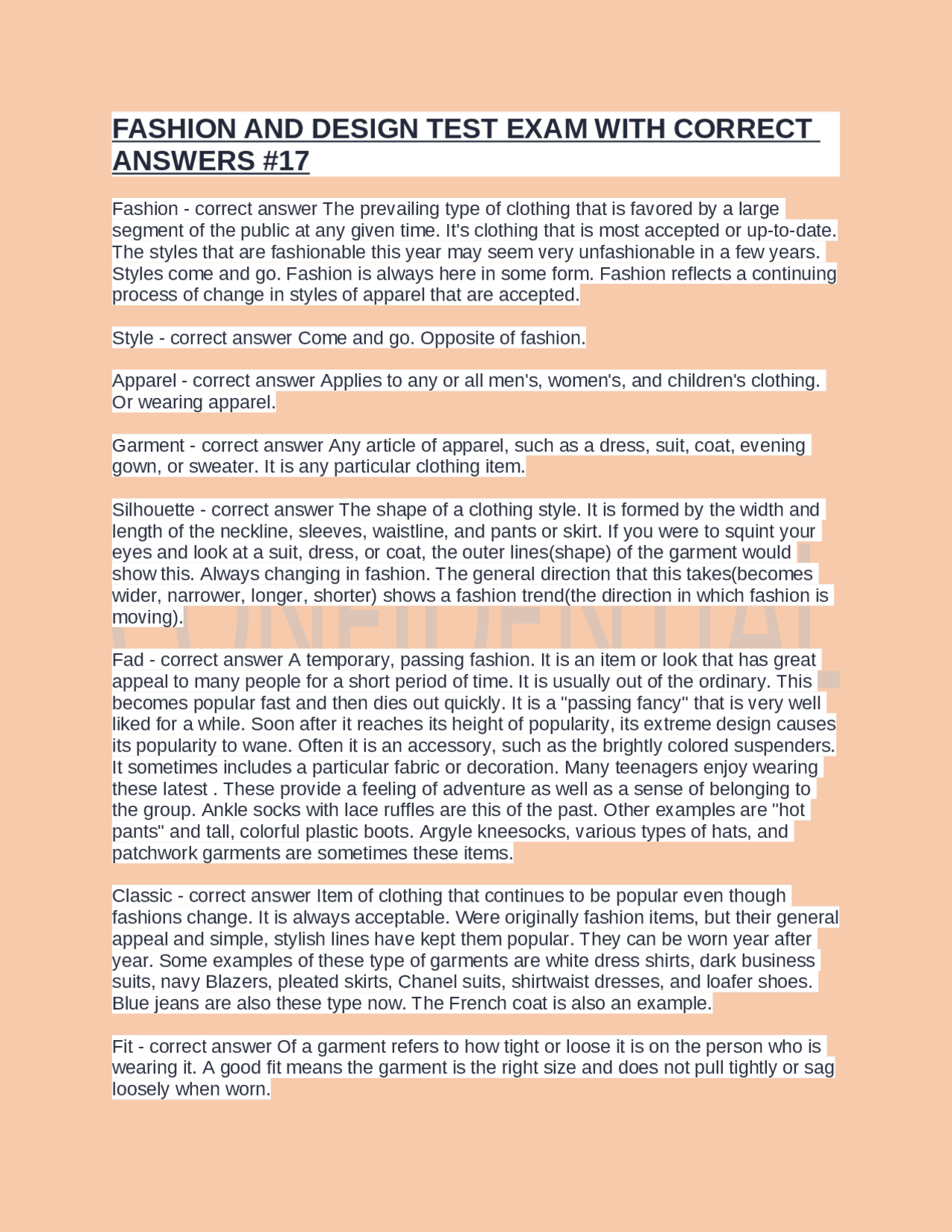 FASHION AND DESIGN TEST EXAM WITH CORRECT ANSWERS #17 | Exams Art | Docsity