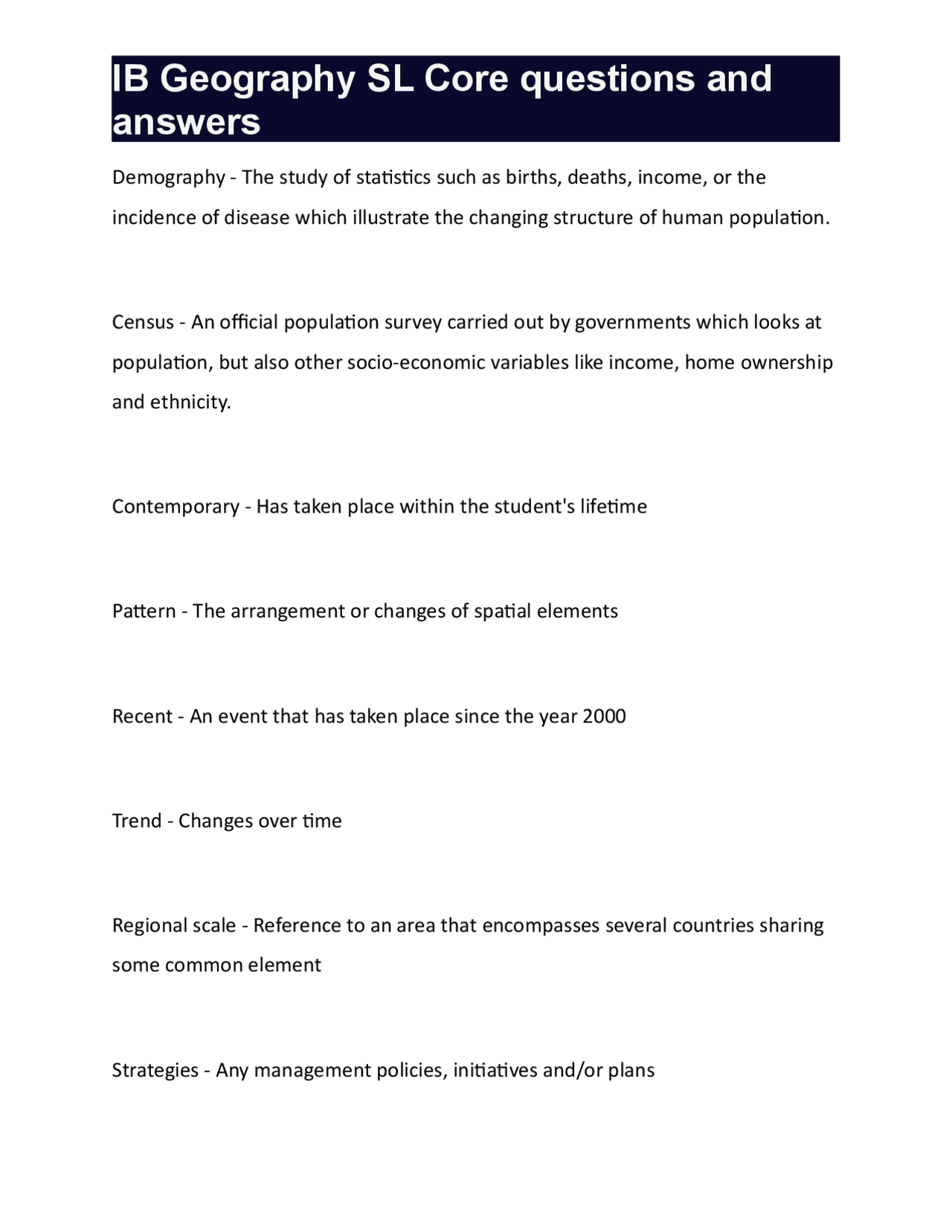IB Geography SL Core questions and answers | Exams Geography | Docsity