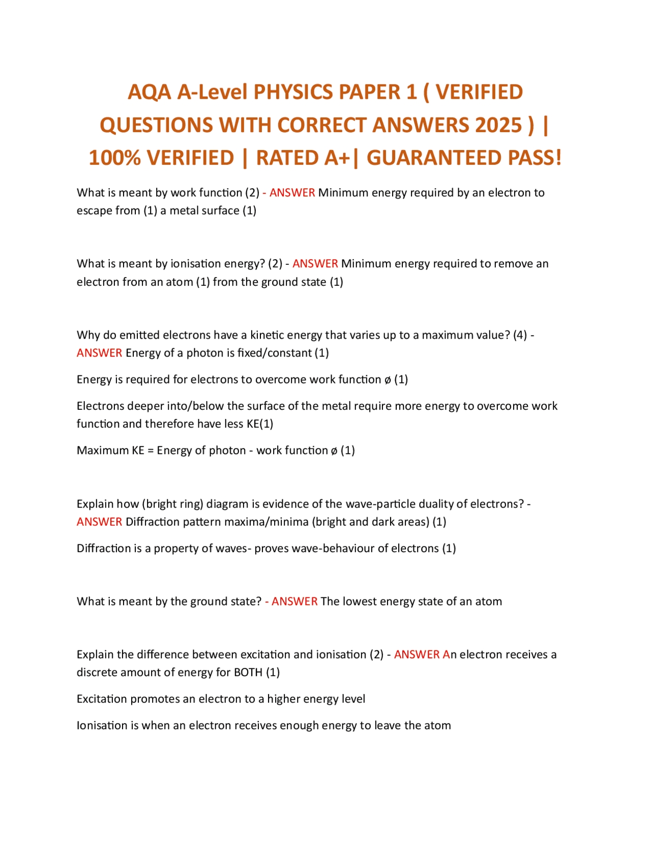 AQA A-Level PHYSICS PAPER 1 ( VERIFIED QUESTIONS WITH CORRECT ANSWERS 2025 ) | 100% VERI | Exams ...