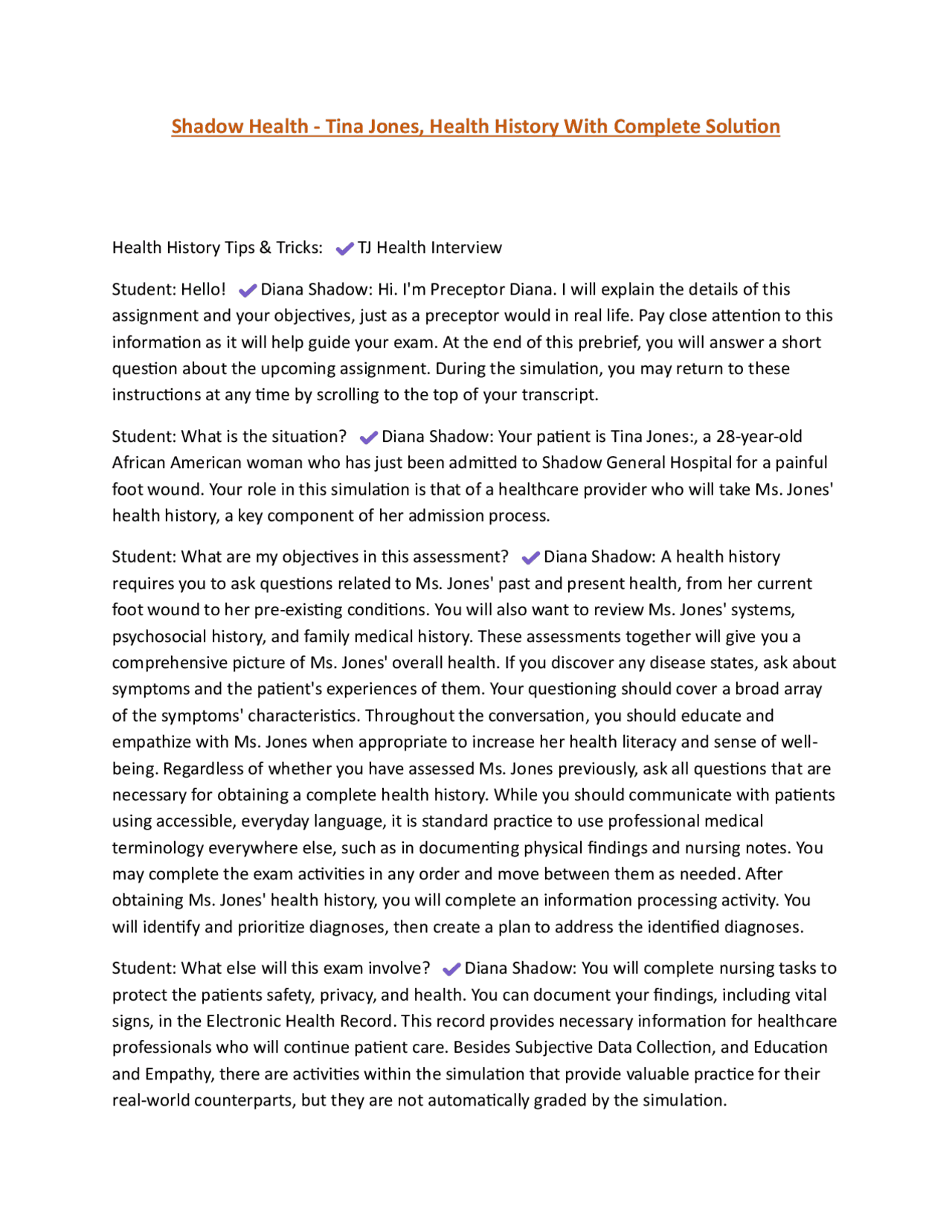 Shadow Health - Tina Jones, Health History With Complete Solution ...