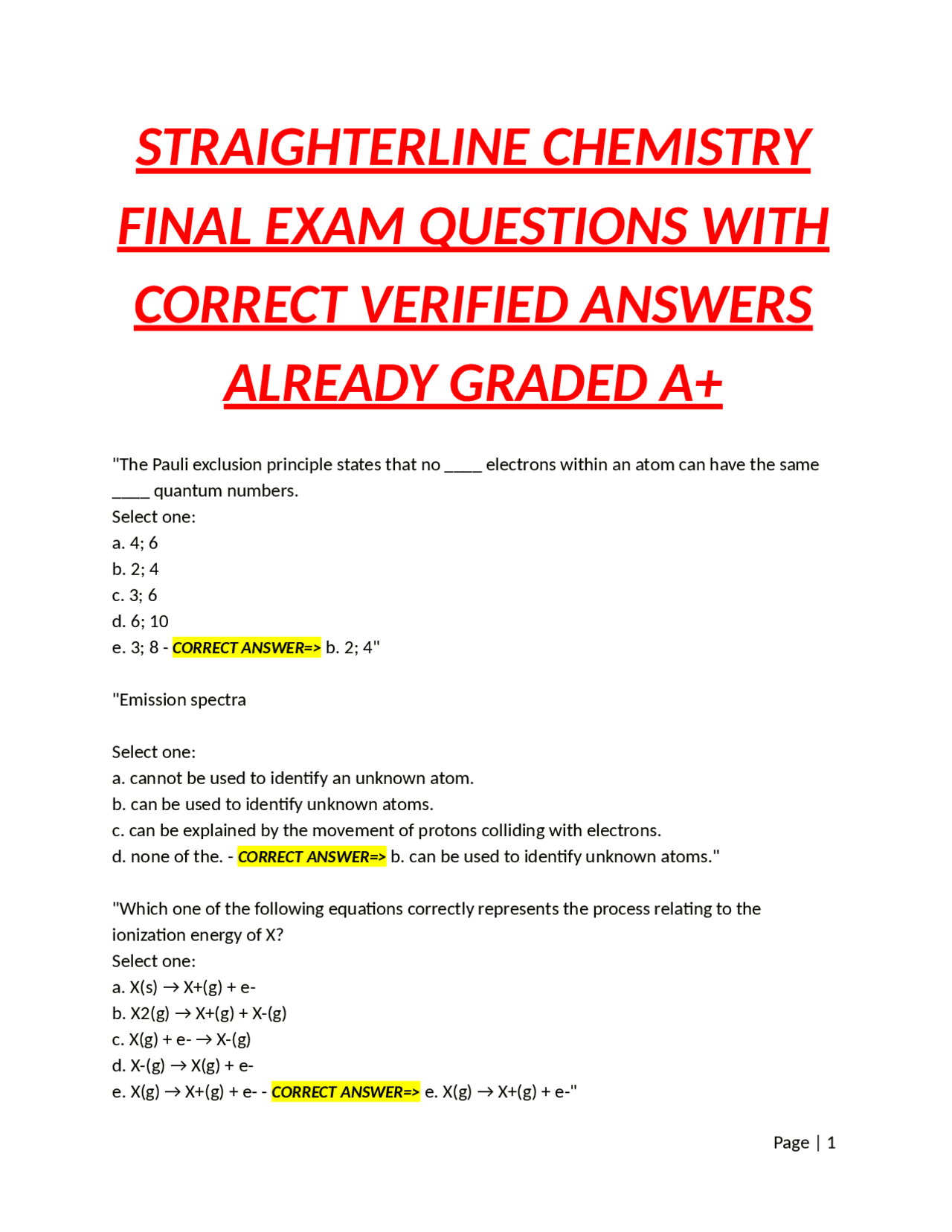 STRAIGHTERLINE CHEMISTRY FINAL EXAM QUESTIONS WITH CORRECT VERIFIED ...