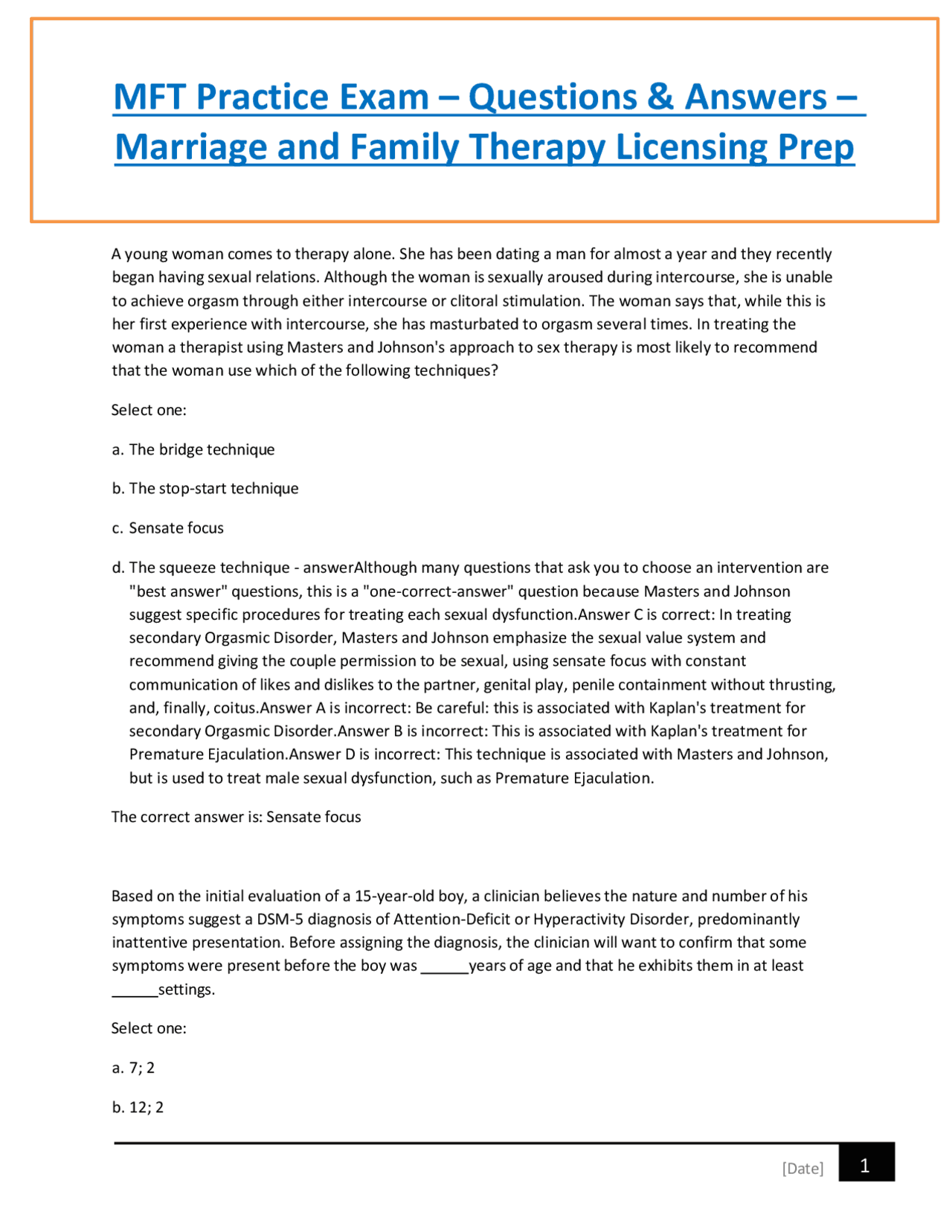 MFT Practice Exam – Questions & Answers – Marriage and Family Therapy ...