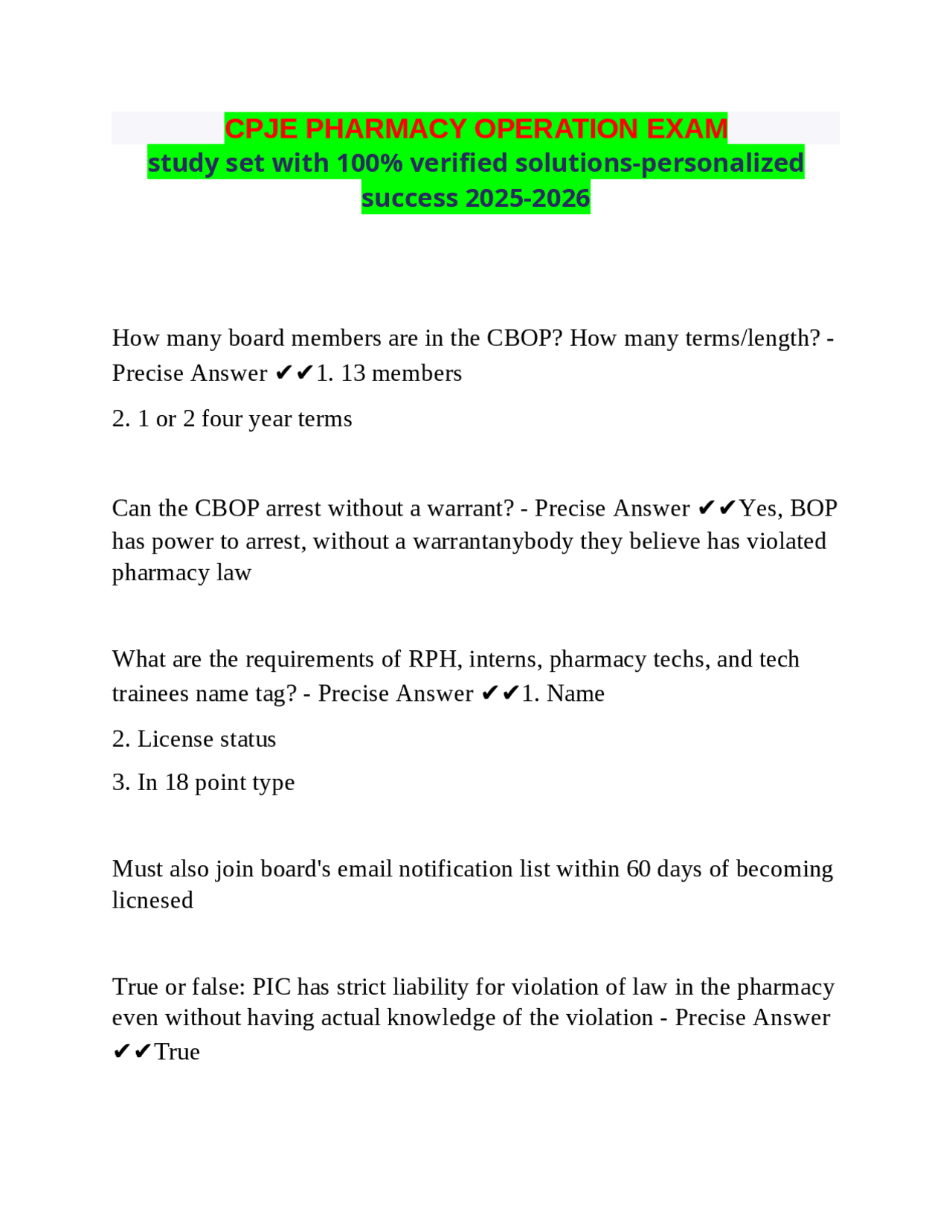 CPJE PHARMACY OPERATION EXAM study set with 100% verified solutions ...