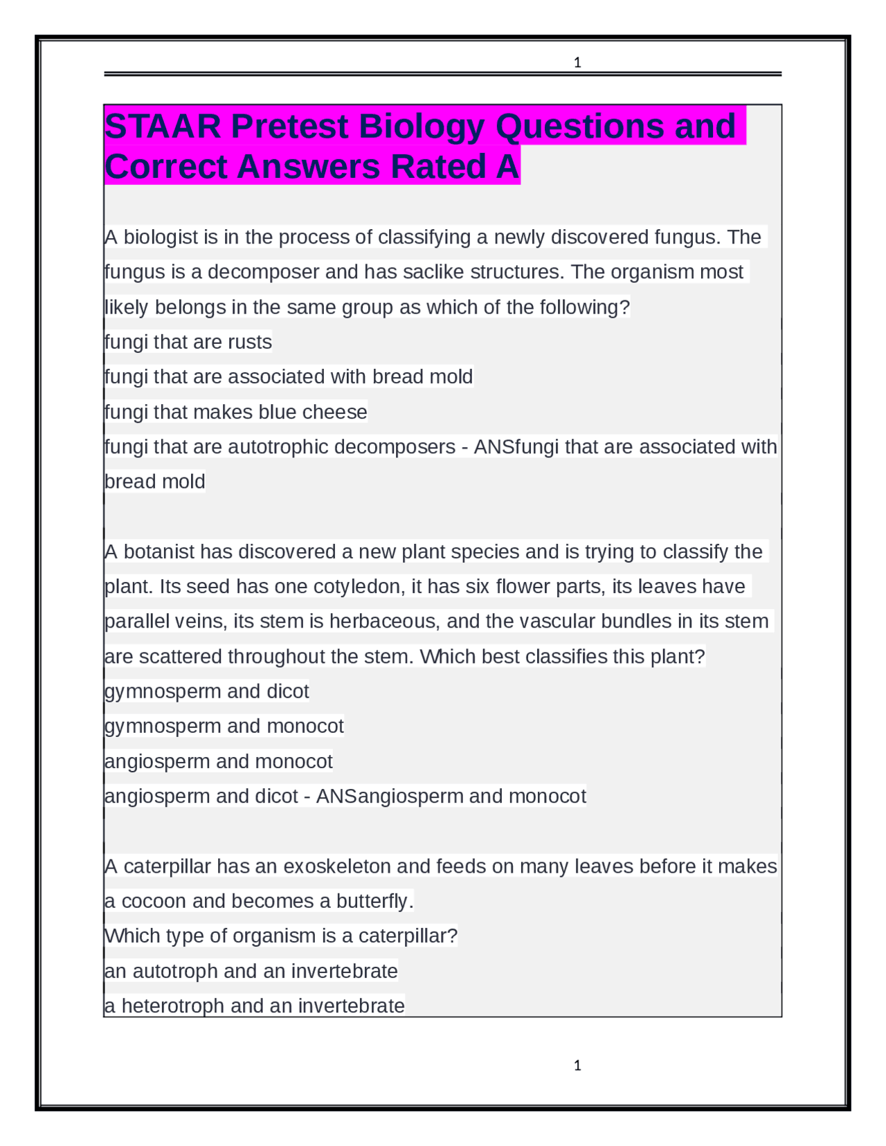 STAAR Pretest Biology Questions and Correct Answers Rated A | Exams ...