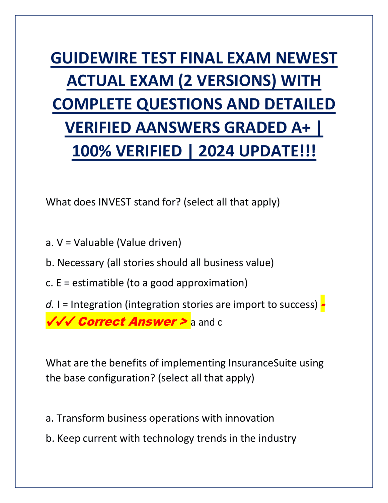 GUIDEWIRE TEST FINAL EXAM NEWEST ACTUAL EXAM (2 VERSIONS) WITH COMPLETE ...