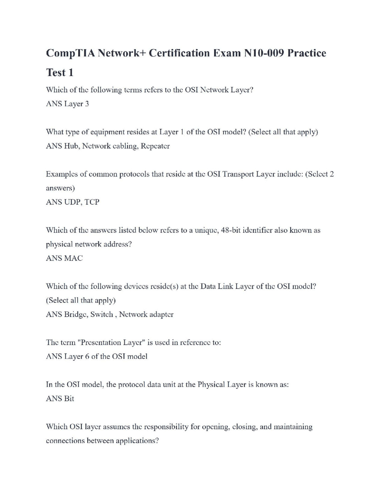 CompTIA Network+ Certification Exam N10-009 Practice Test 1 | Exams ...