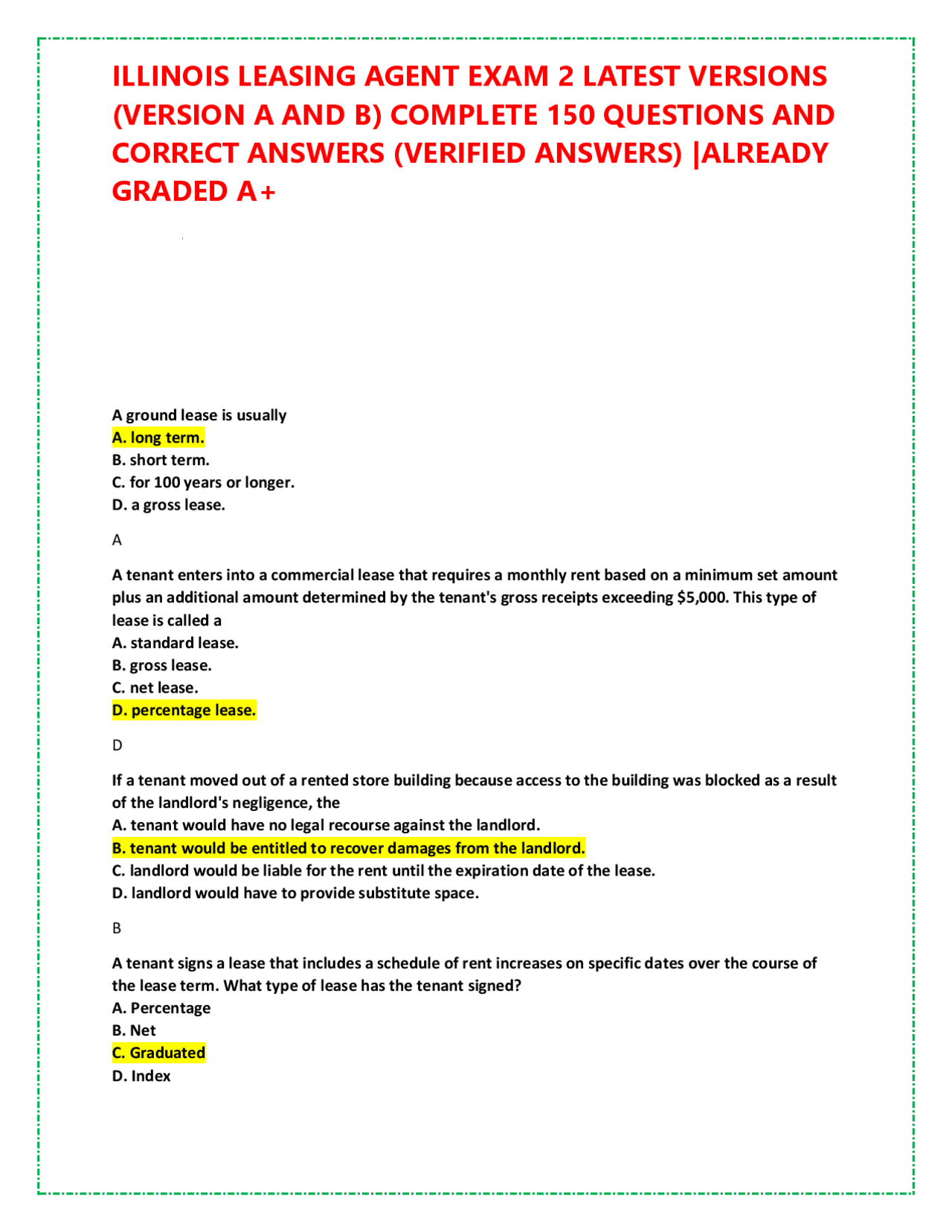 ILLINOIS LEASING AGENT EXAM 2 LATEST VERSIONS (VERSION A AND B ...