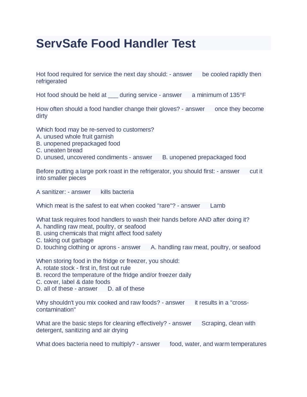 ServSafe Food Handler Practice Test: Food Safety Questions and Answers ...
