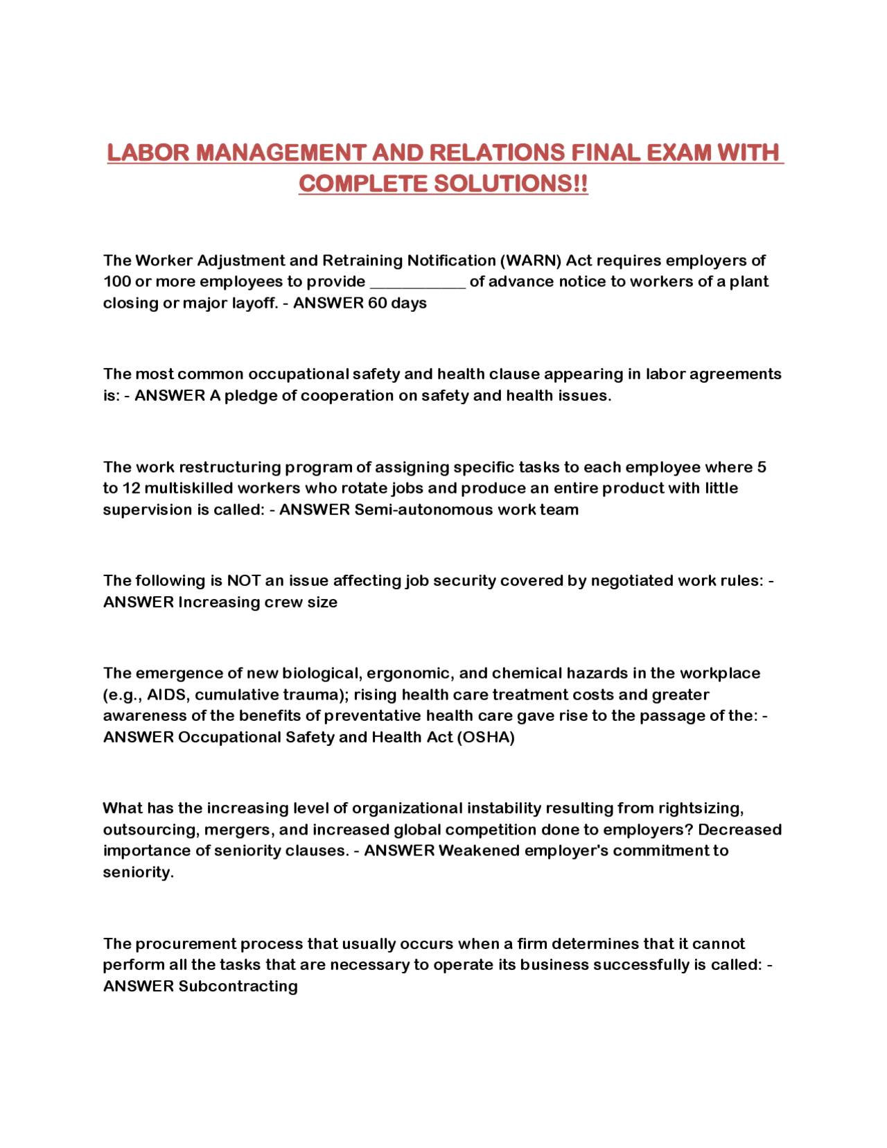 LABOR MANAGEMENT AND RELATIONS FINAL EXAM WITH COMPLETE SOLUTIONS ...