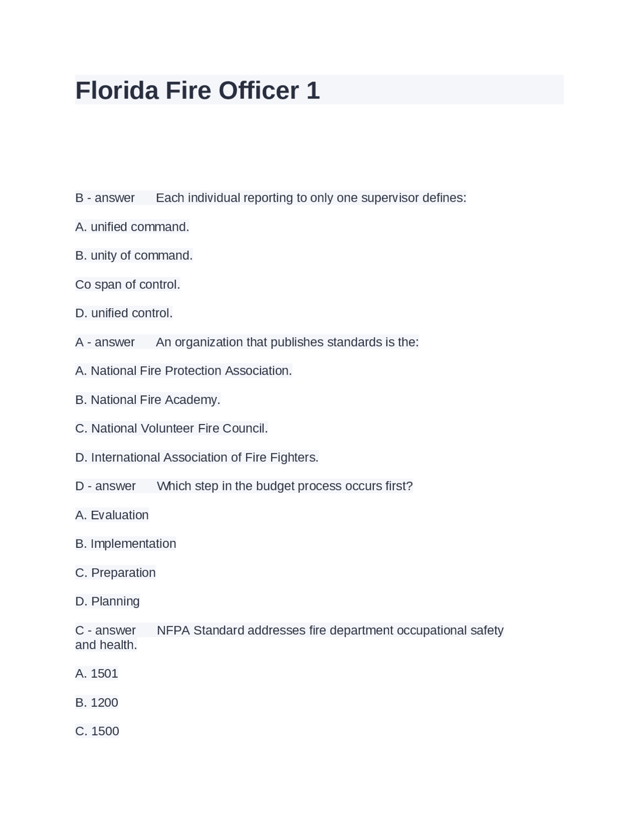 Florida Fire Officer 1. Questions and Answers Graded A+ | Exams ...