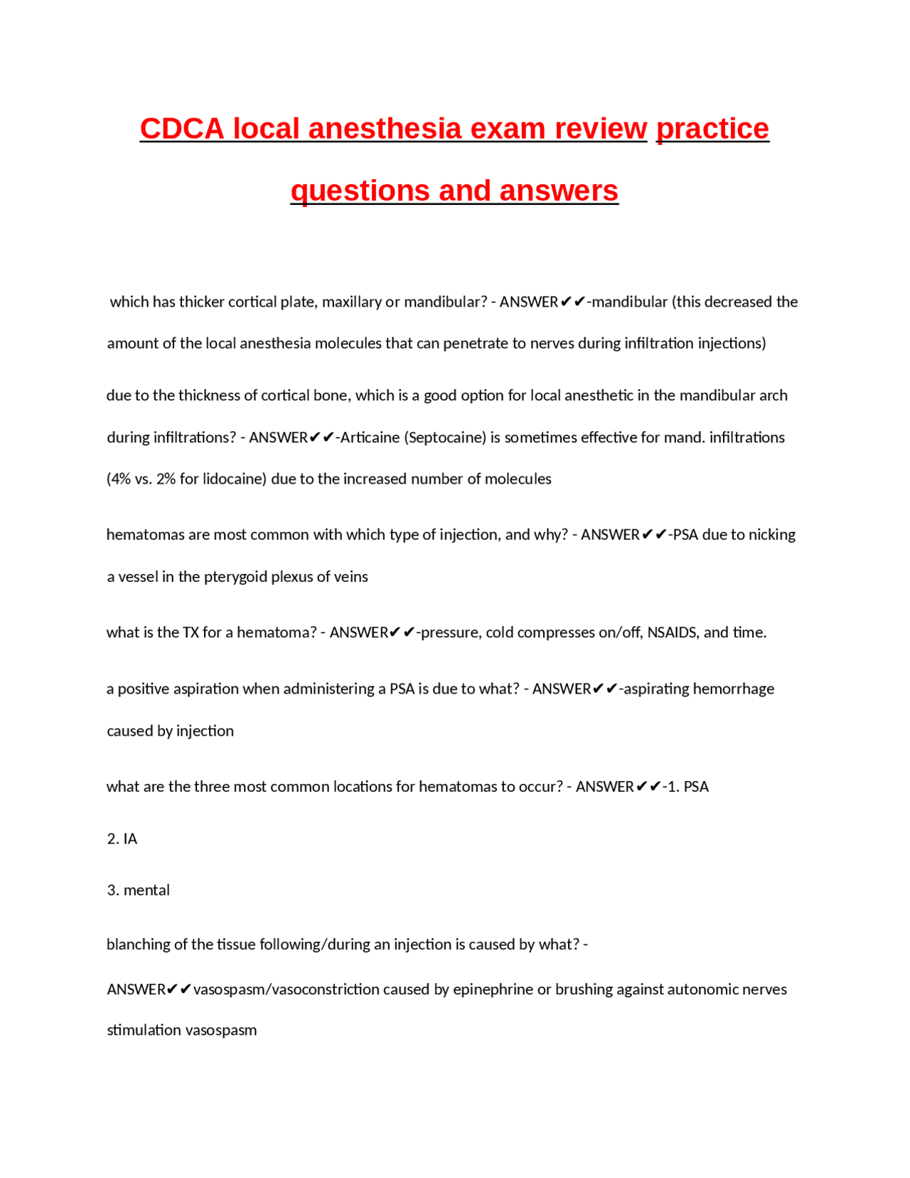CDCA local anesthesia exam review practice questions and answers ...