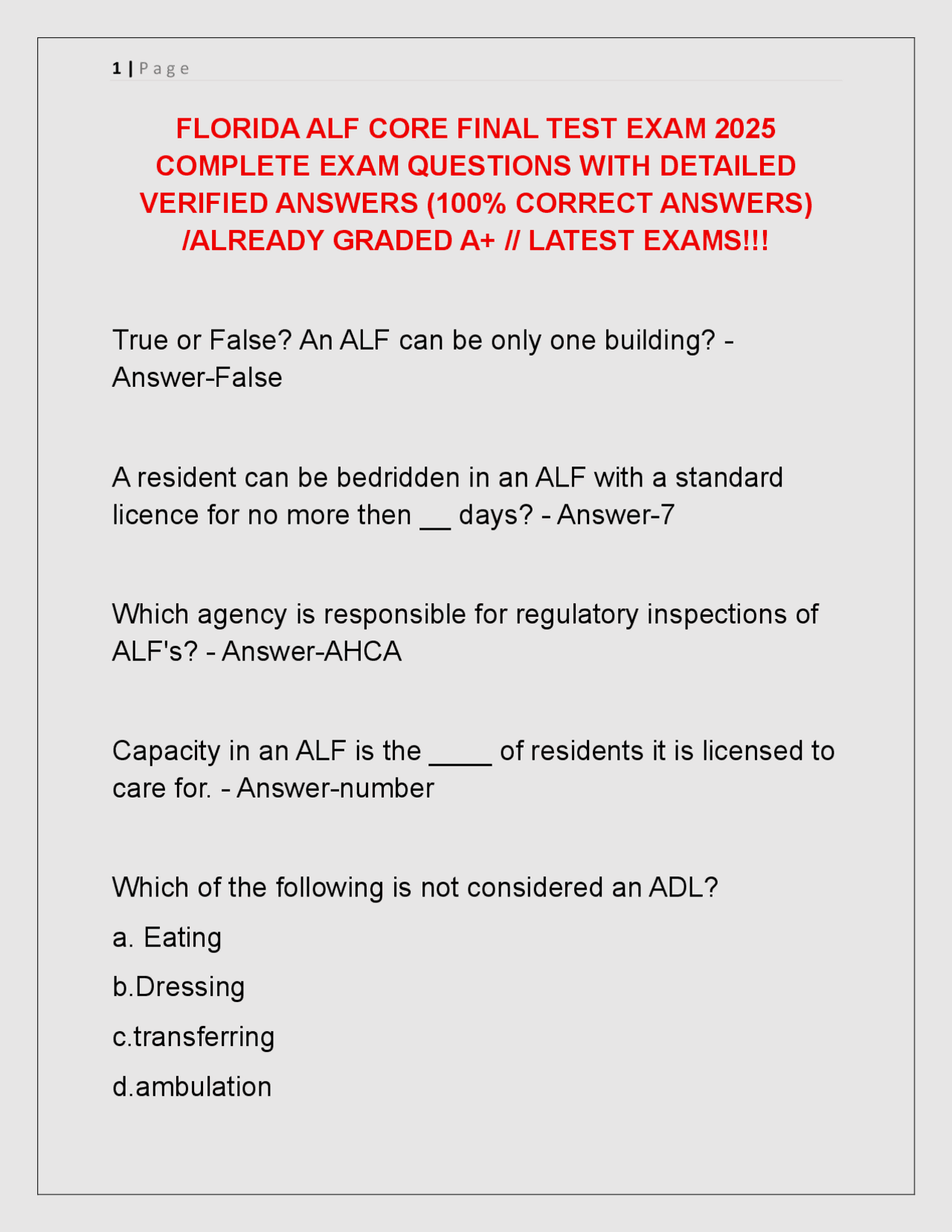 FLORIDA ALF CORE FINAL TEST EXAM 2025 COMPLETE EXAM QUESTIONS WITH ...