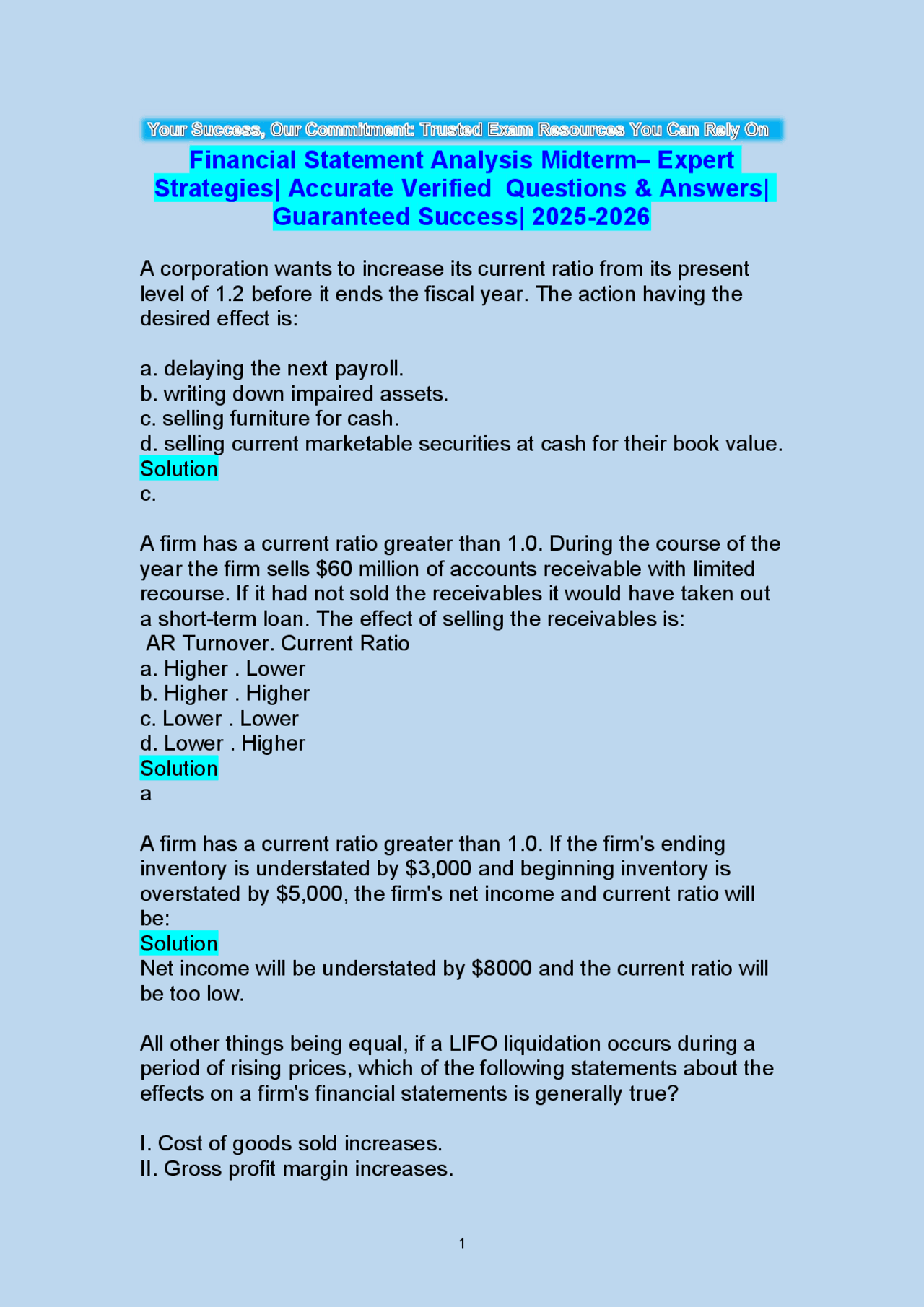 Financial Statement Analysis Midterm– Expert Strategies| Accurate Verified Questions & Ans ...
