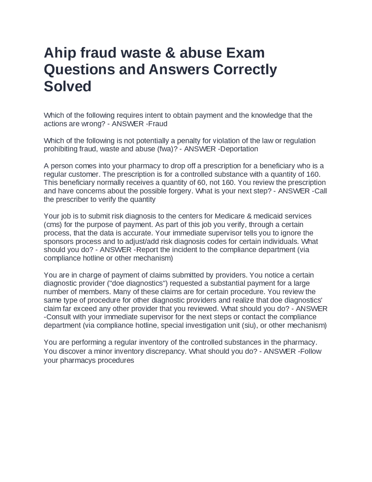 Ahip fraud waste & abuse Exam Questions and Answers Correctly Solved ...