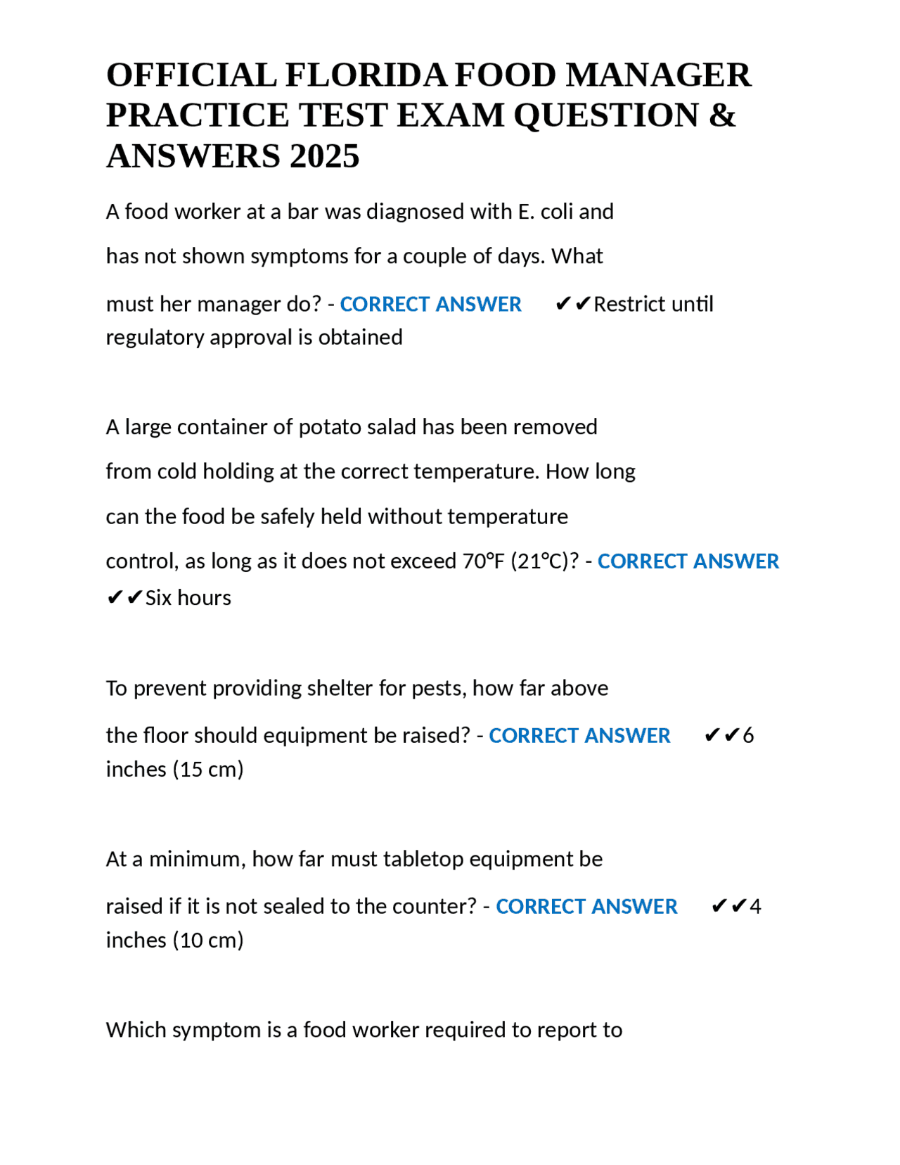 Florida Food Manager Practice Test: Questions and Answers 2025 | Exams ...