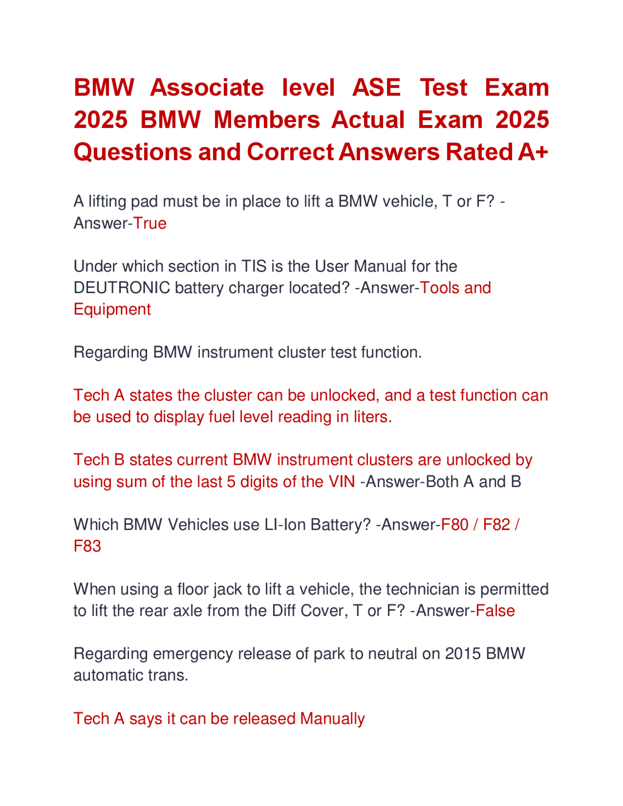 BMW Associate level ASE Test Exam 2025 BMW Members Actual Exam 2025 ...