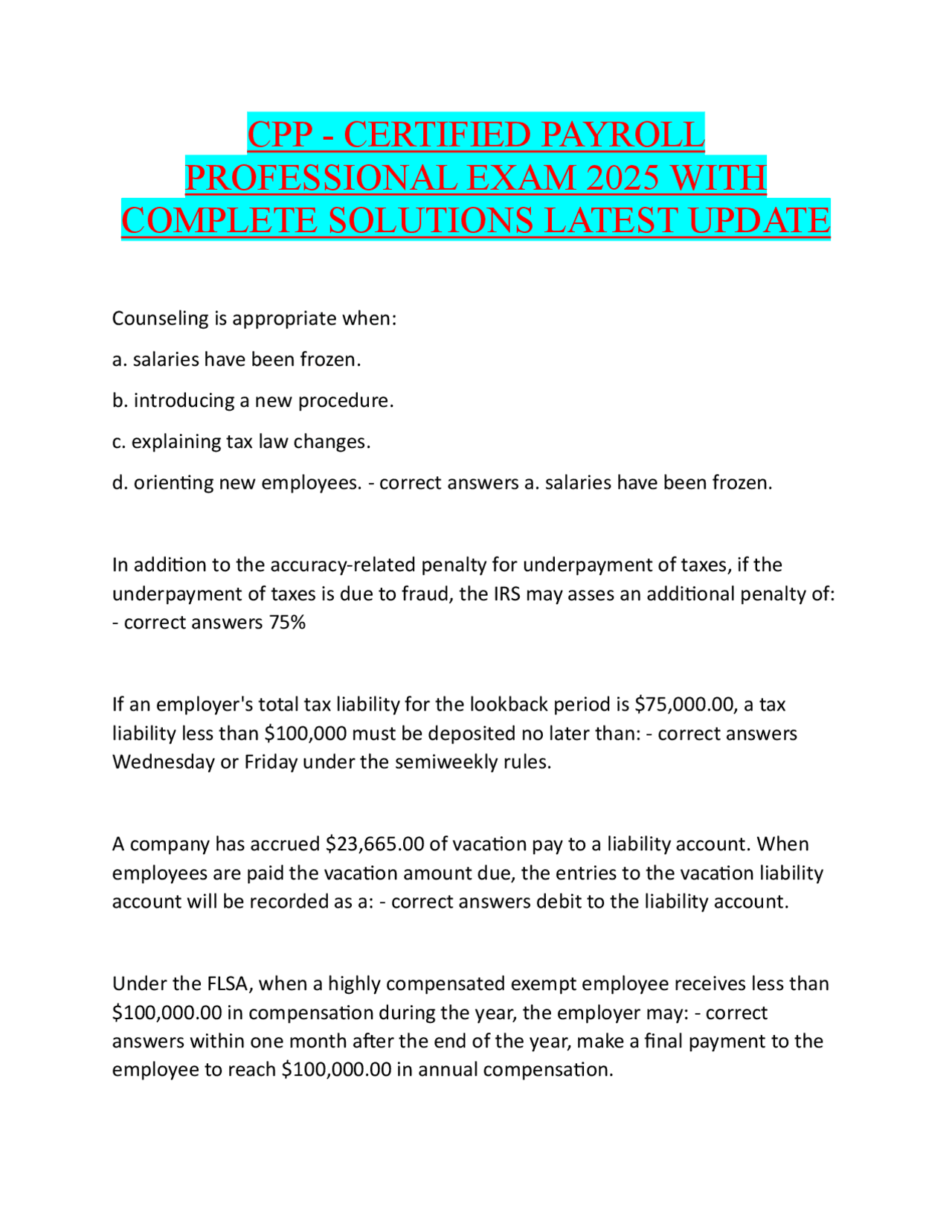 CPP - CERTIFIED PAYROLL PROFESSIONAL EXAM 2025 WITH COMPLETE SOLUTIONS ...