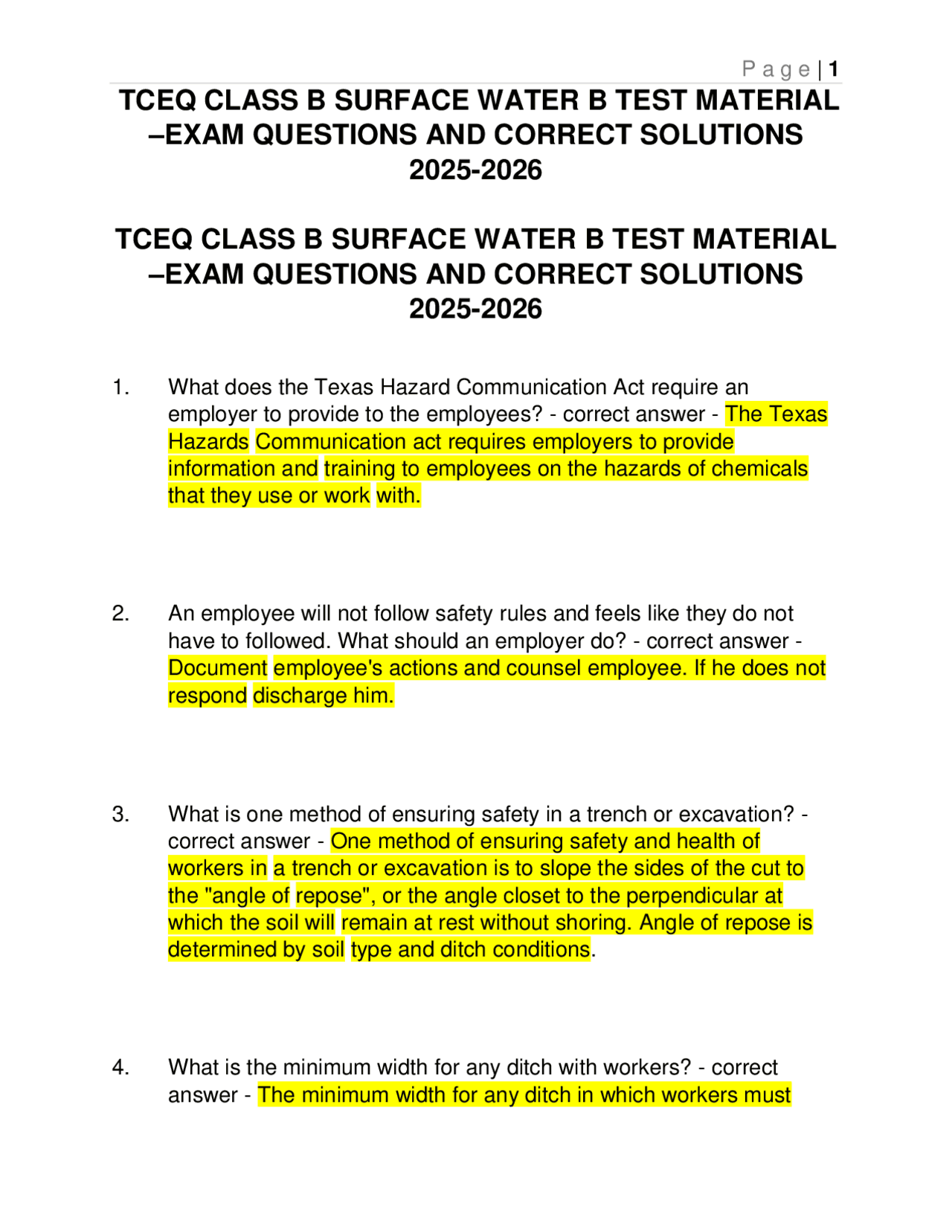 TCEQ CLASS B SURFACE WATER B TEST MATERIAL –EXAM QUESTIONS AND CORRECT ...