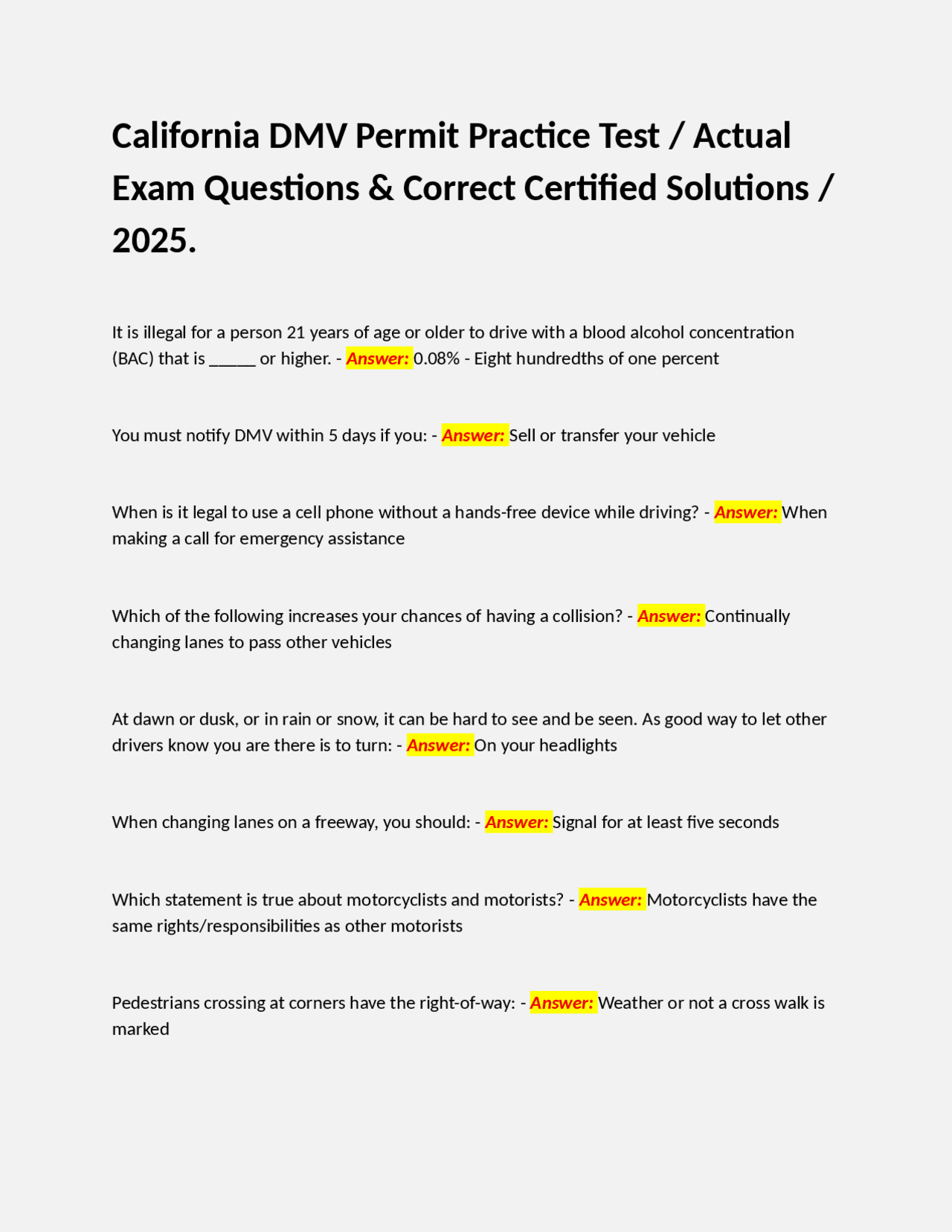 California DMV Permit Practice Test / Actual Exam Questions & Correct ...