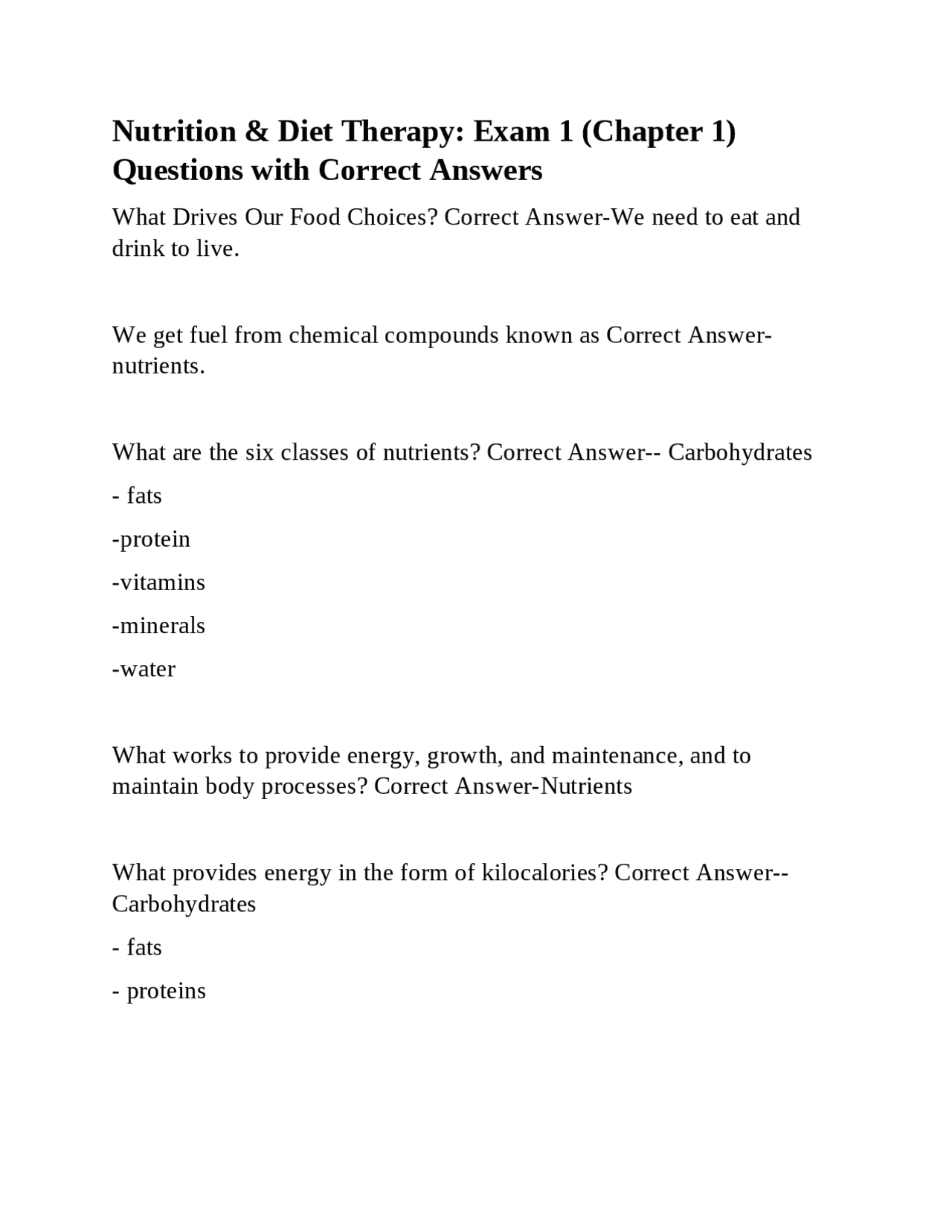 Nutrition & Diet Therapy: Exam 1 (Chapter 1) Questions with Correct ...