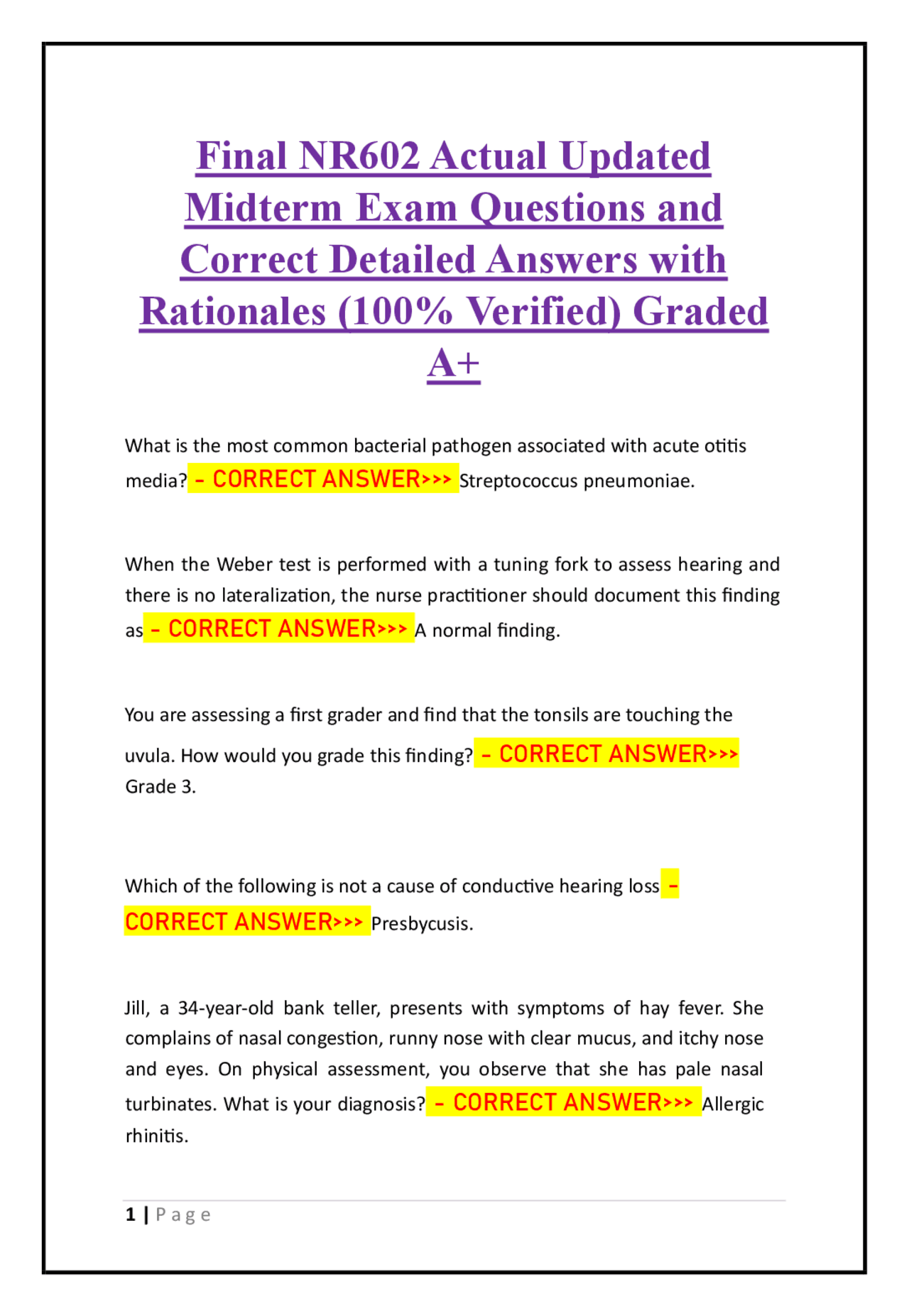 Final NR602 Actual Updated Midterm Exam Questions and Correct Detailed ...